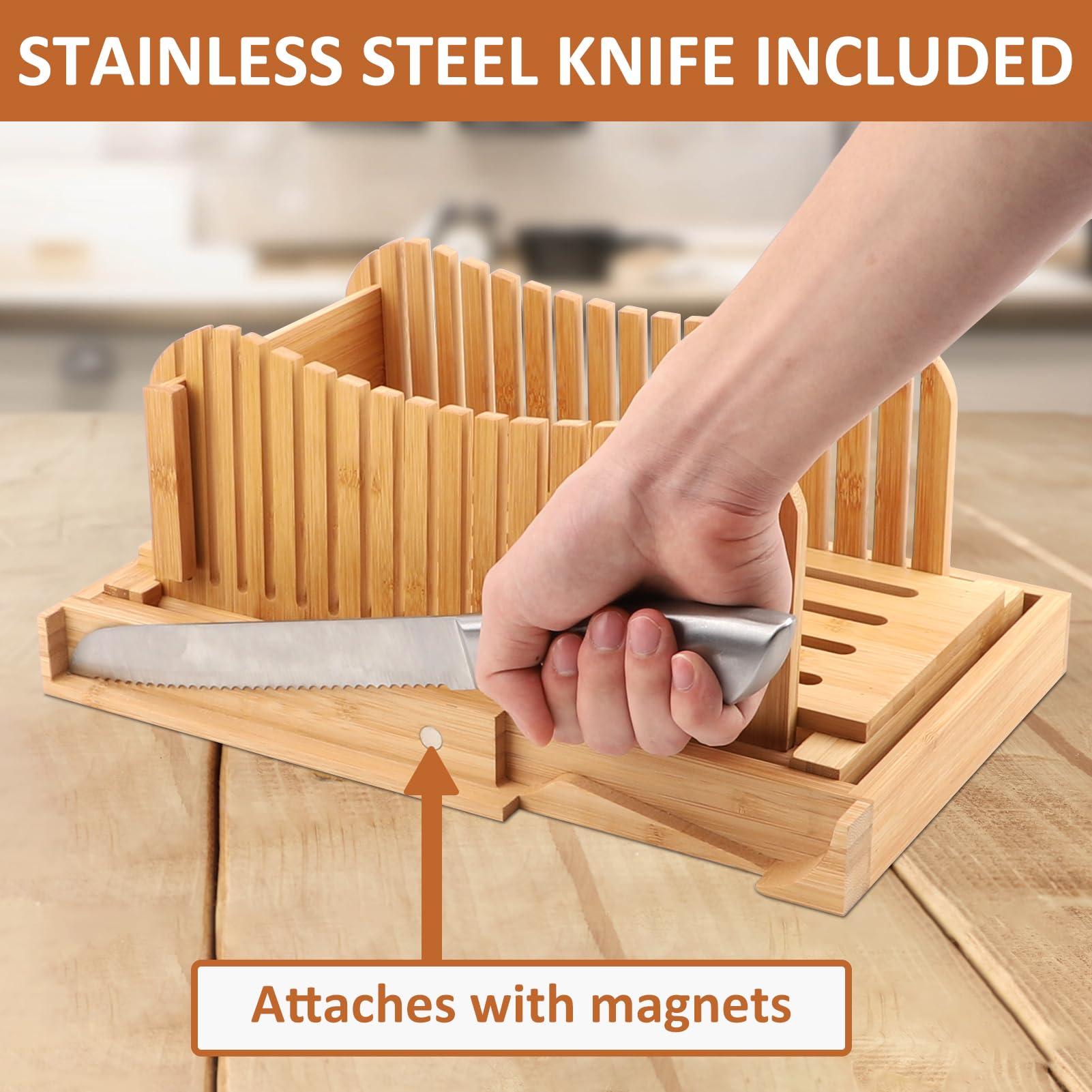 Bamboo Bread Slicer with Bread Knife for Homemade Bread, 3 Slice Thickness, Foldable Compact Cutting Guide with Crumb Tray and Stainless Steel Knife, Easy to cutting Bagels, Cakes,Sourdough Bread