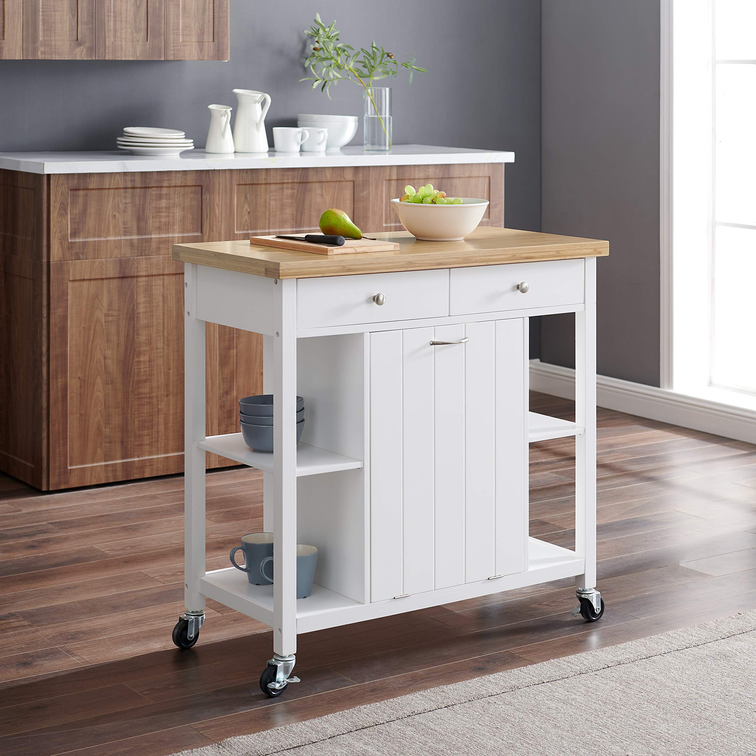 Almeris Lux White Kitchen Island Cart Wheels Bamboo Top Storage Cabinet Drawers Rolling Utility Shelf Furniture Table Home Office Bar Rack Cupboard