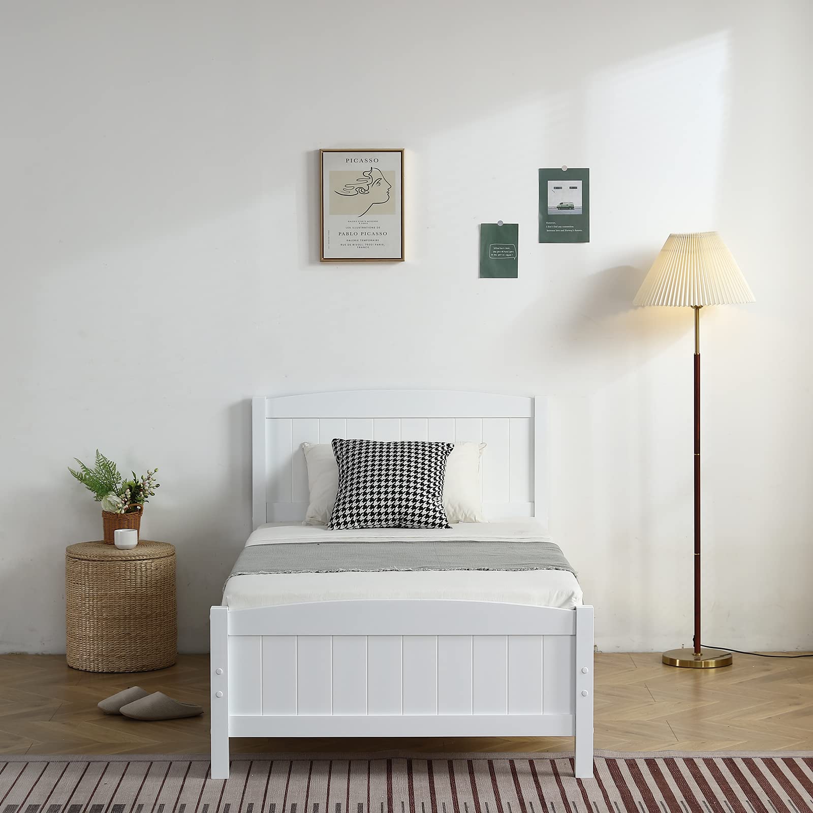 Karl home Wood Bedframe Twin Bed Frame with Headboard Bedroom Platform Bed with Footboard, 12 Wood Slat Support, No Box Spring Needed, White