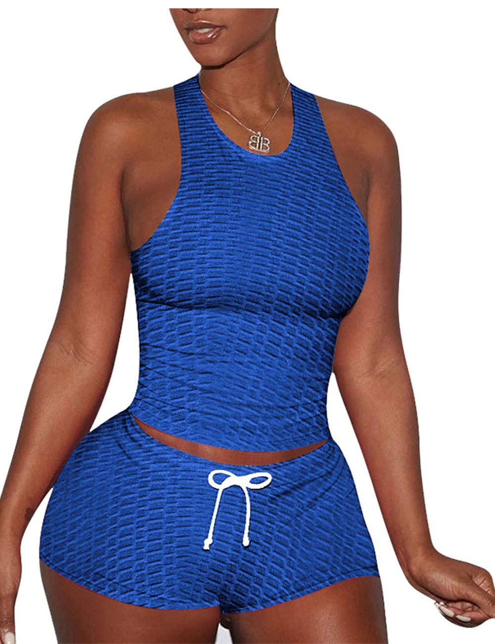 Alunzoem Workout Sets for Women 2 Piece Track Suit Textured Crop Top Biker Shorts Sport Set Outfits Royal Blue XL