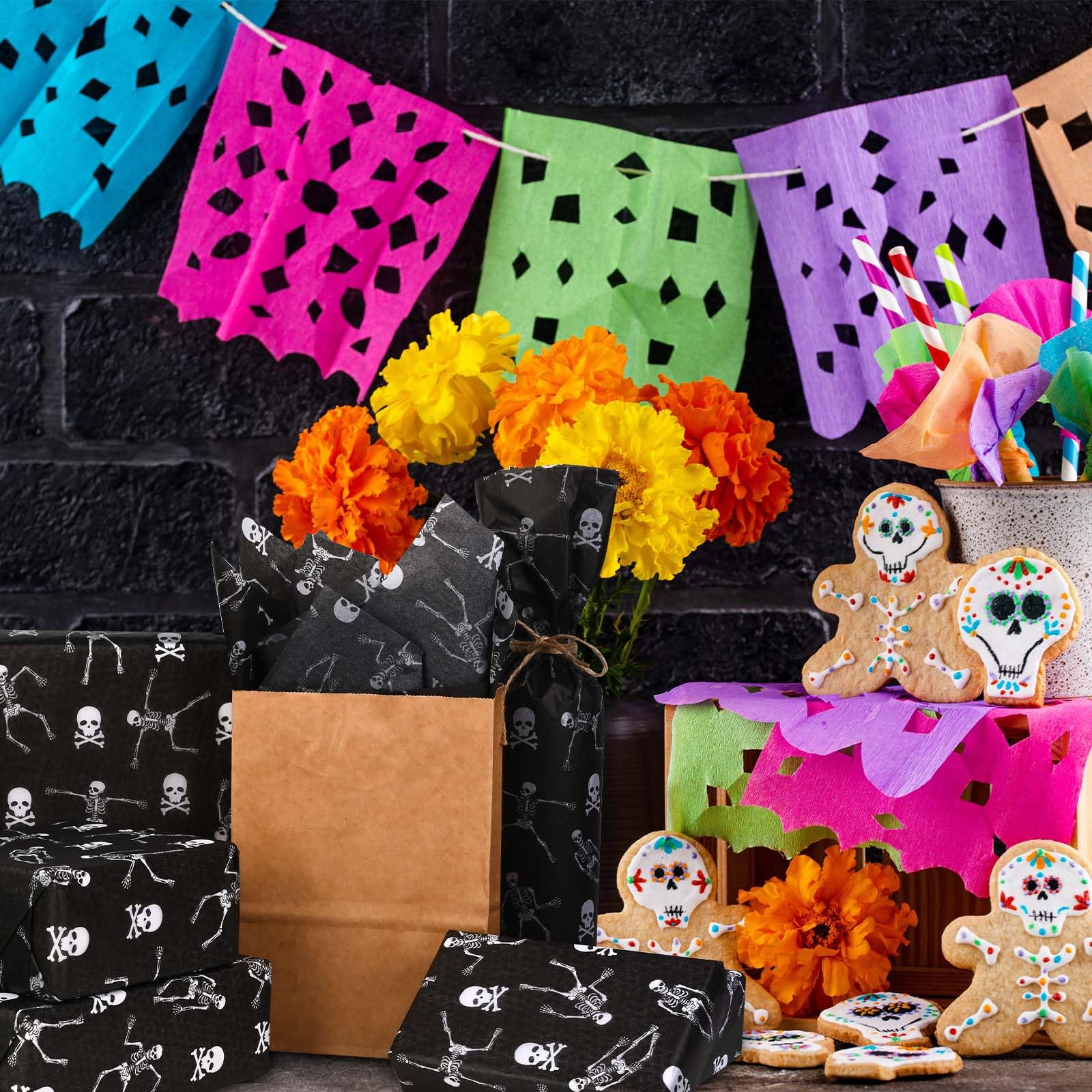 Bolsome 100 Sheets 20 × 14 Inches Halloween Tissue Paper for Gift Packaging Black White Dancing Skeleton Patterned Tissue Paper for Halloween Trick or Treat Party DIY Craft