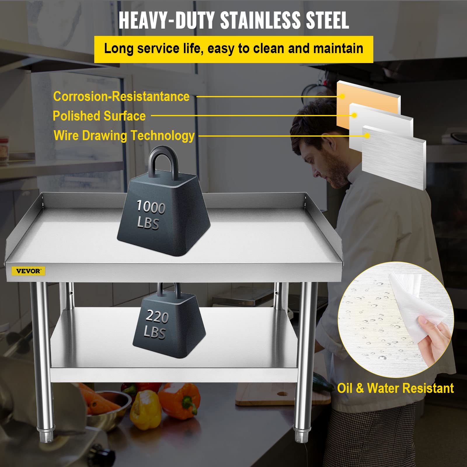 VEVOR Stainless Steel Equipment Grill Stand, 36 x 28 x 24 Inches Stainless Table, Grill Stand Table with Adjustable Storage Undershelf, Equipment Stand Grill Table for Hotel, Home, Restaurant Kitchen