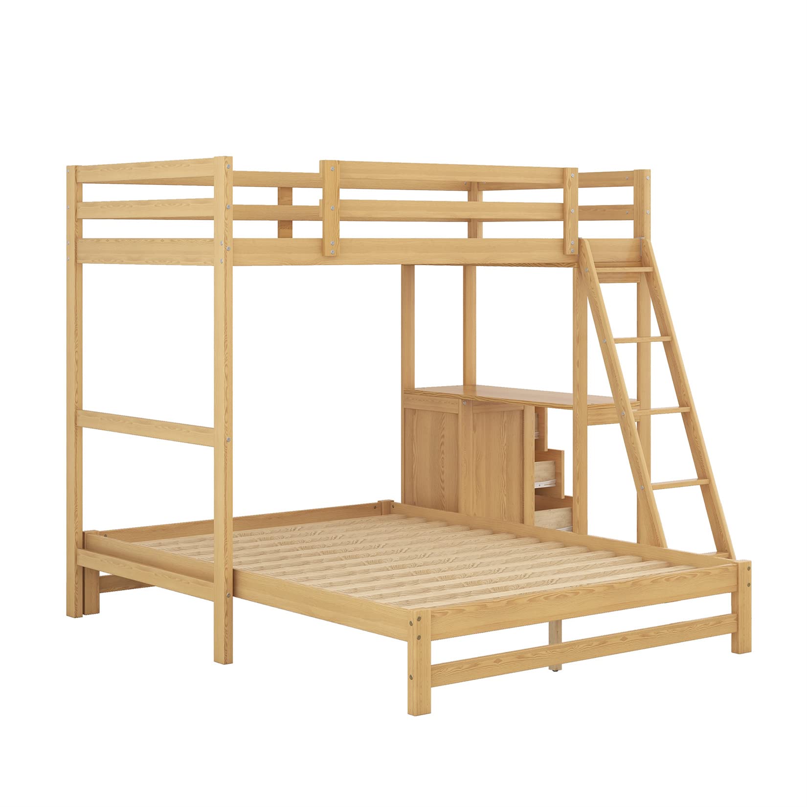 Bellemave Twin Over Full Bunk Bed with Desk and Storage Drawers Wood Convertible Loft Beds Can Be Separated into 2 Kids Bunked Frame for Girls Boys Teens, Natural