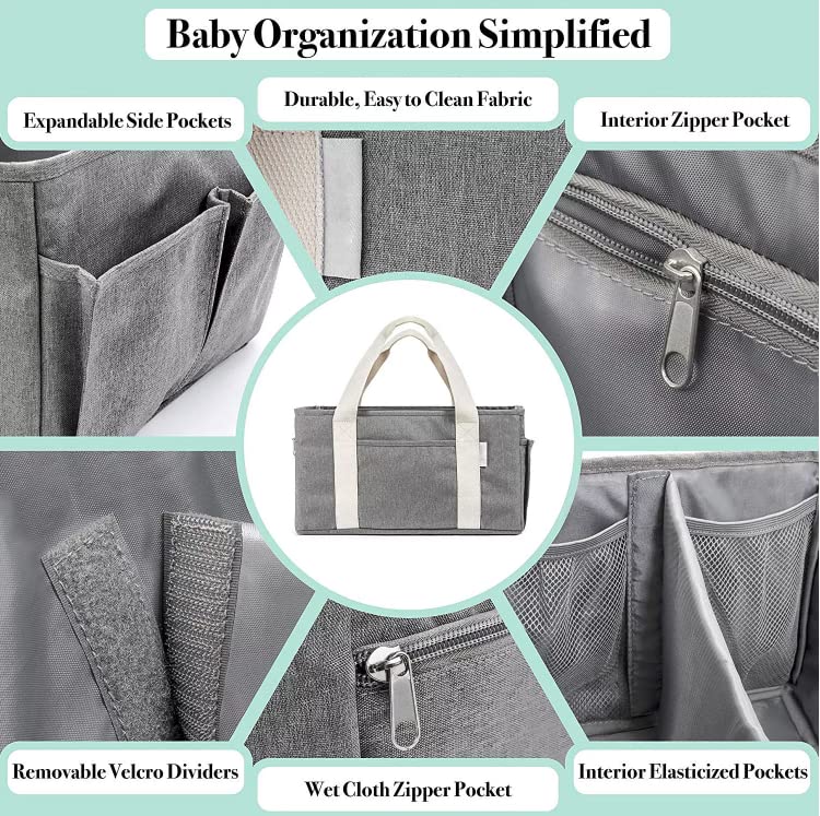 Baby Diaper Caddy Organizer - Large, Basket Storage Nursery Foldable for Infant Girl or Boy - Gift Must Haves - Durable Tote Bag for Indoor, Outdoor Use - Grey