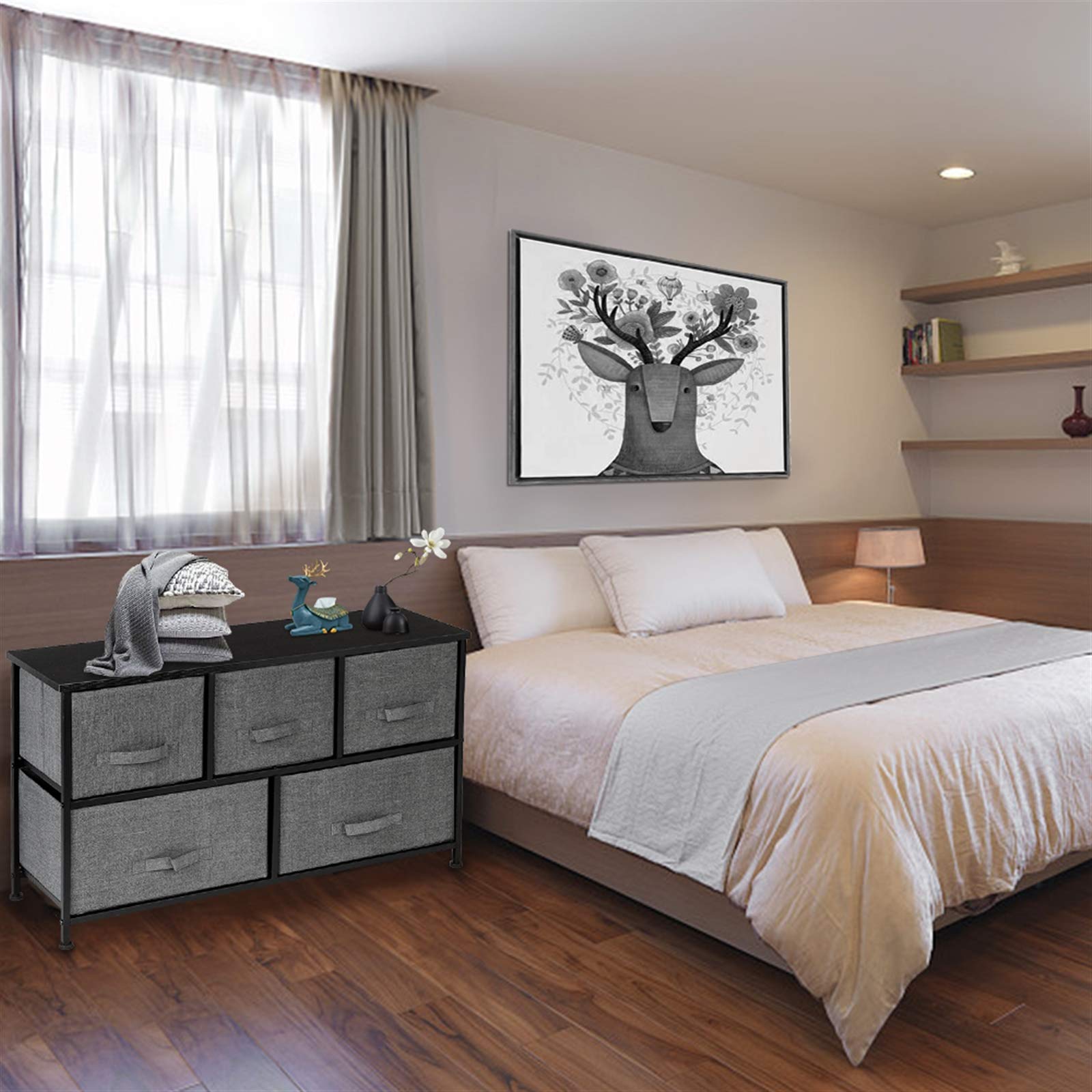 EEBUIHUI Dresser with 5 Drawers, Fabric Storage Tower, Organizer Unit for Bedroom, Living Room, Hallway, Closets & Nursery - Sturdy Steel Frame, Wooden Top (Dark Grey5)