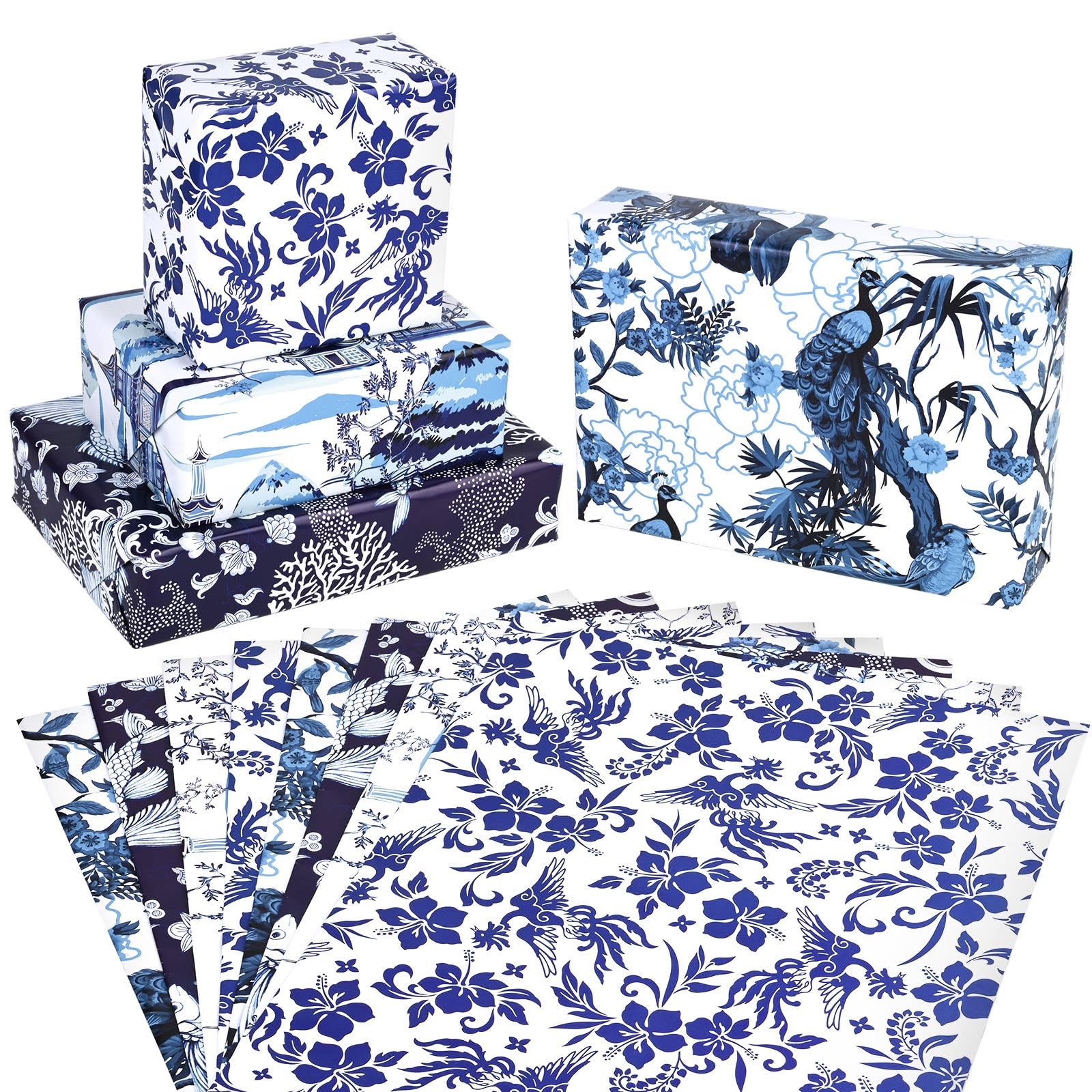 Bolsome 12 Sheets Blue White Chinoiserie Wrapping Paper Blue White Vintage Peony Floral Bird Fish Patterned Gift Wrap Paper for Wedding Bridal Shower Birthday DIY Craft