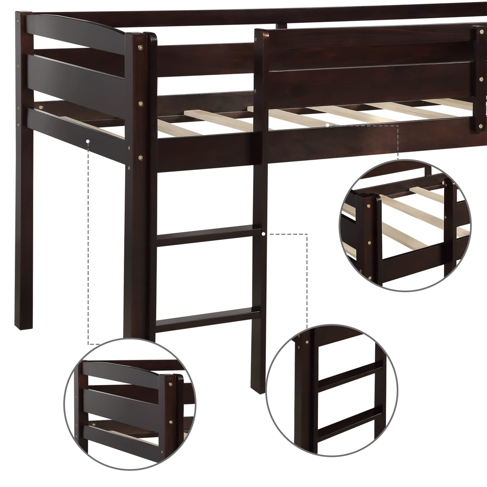Bellemve Low Loft Bed Twin Size Wooden Loft Bed Frame with Ladder for Kids Girls Boys Teens, Espresso