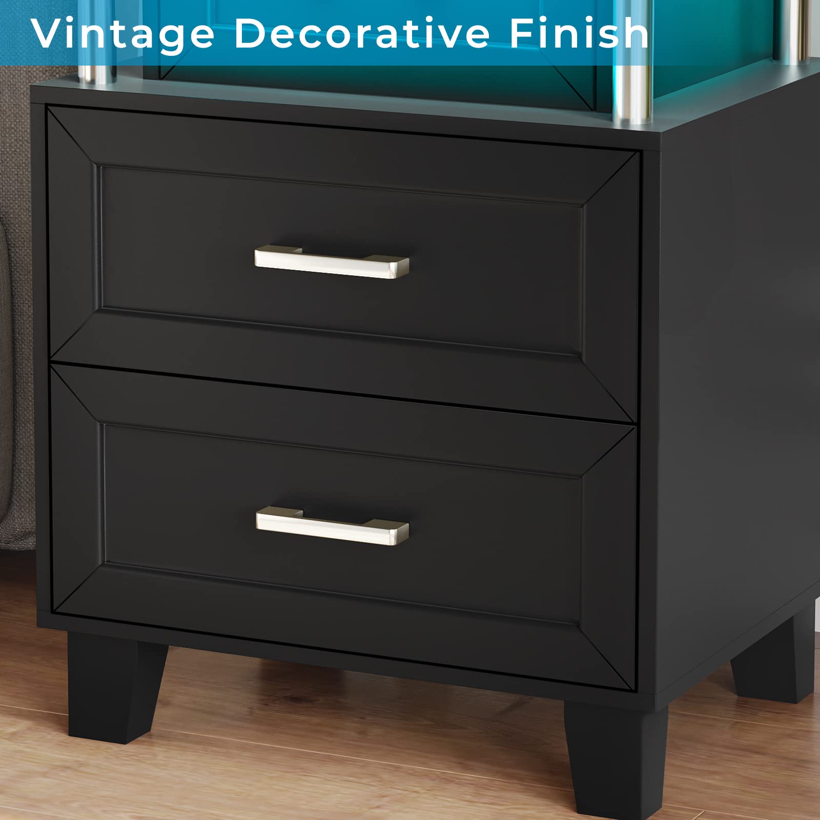 VIAGDO Black Nightstand Set of 2, LED Night Stand Set 2 with Charging Station, Modern Nightstand with 3 Drawers, Vintage Bedside Tables, End Side Table with Storage for Bedroom, Office