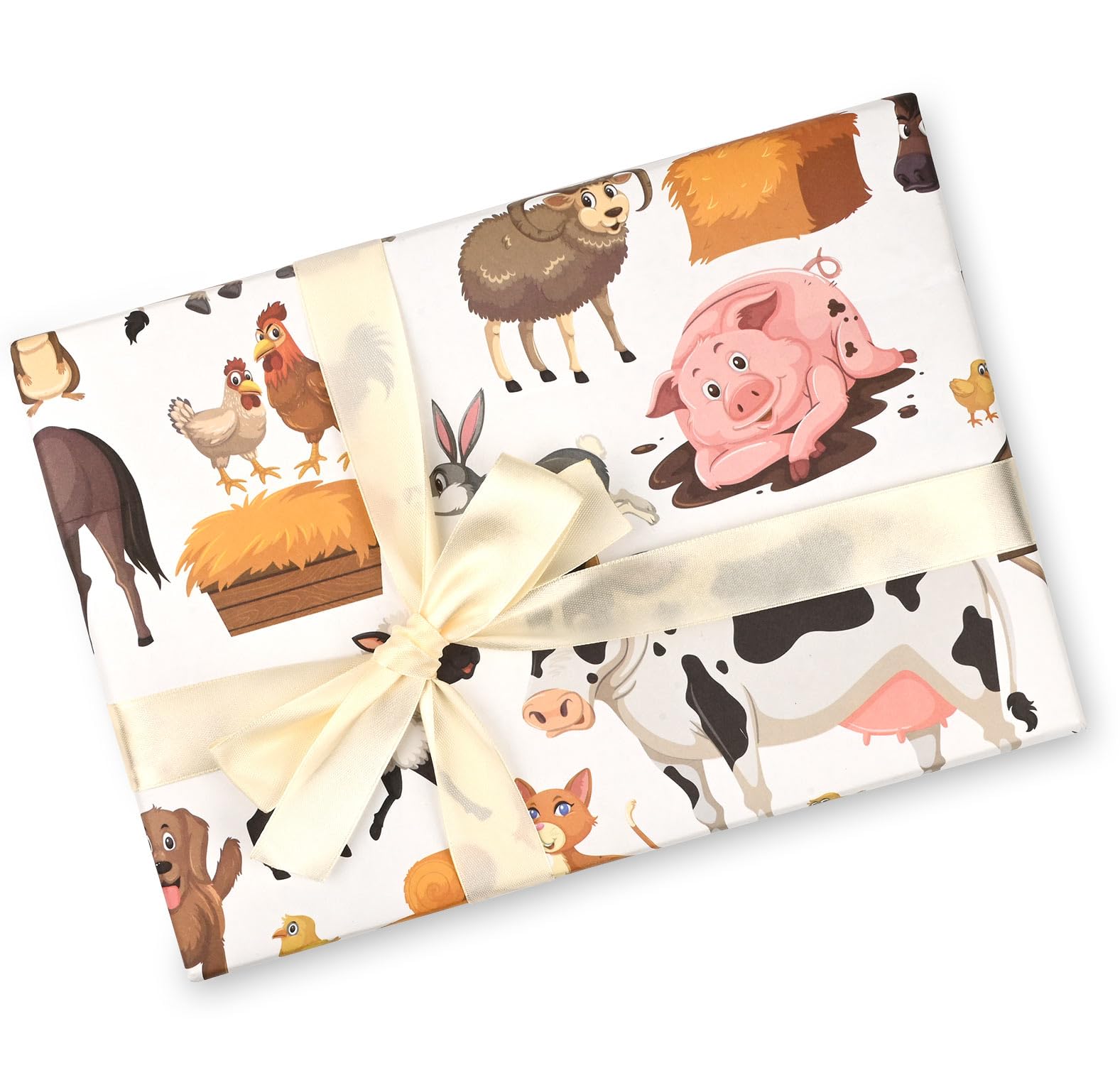 Bolsome 12 Sheets Red Barn Farm Animal Wrapping Paper Barnyard Gift Wrap Folded Wrapping Paper with Cow, Horse, Sheep, Goat, Pig, Duck, Chicken Pattern(20 inch x 28 inch sheet)
