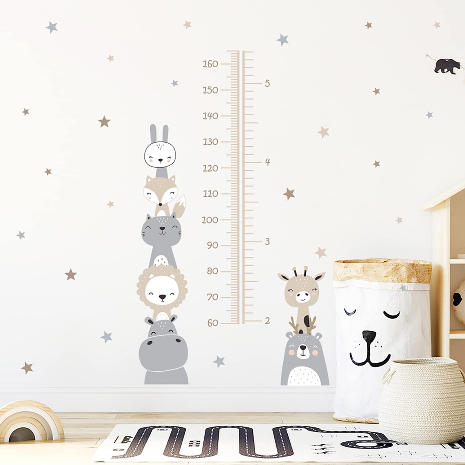 Cartoon Animals Height Growth Chart Wall Sticker Boho Style Peel and Stick Removable Wall Decals Children Kindergarten Nursery Bedroom Door Decoration (Beige & Grey)