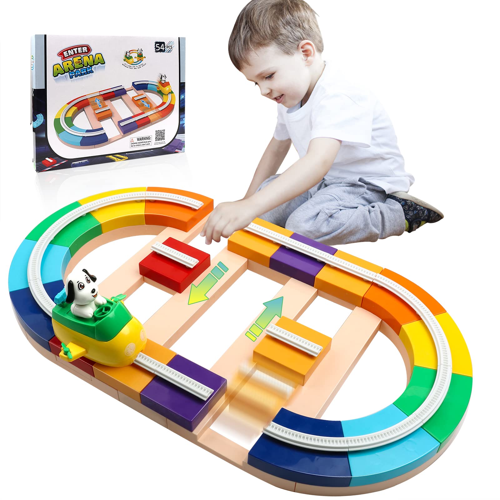 OPERMA Race Track Slot Car Racing Track with Electric Cars for Boys Kids, 54Pcs Toy Race Car Set Colorful Preschool Speedway Track Building Blocks for Toddlers Child 3-7 Years Birthday