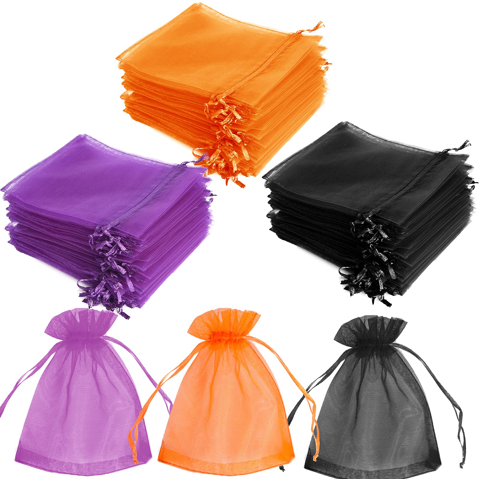 choyaxo 150PCS Organza Bags Satin Drawstring Halloween Christmas Valentine's Day Candy Jewelry Bags for Wedding Party Birthday (black-purple-orange)