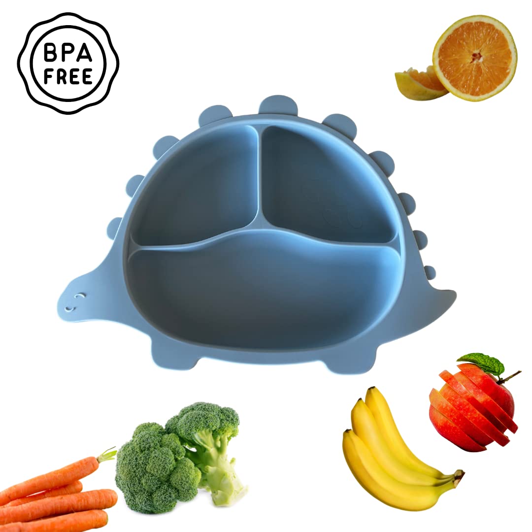 Baby feeding, Silicone dinosaur shaped plate with suction and sections, self-training without BPA, baby feeding bowls. Blue color