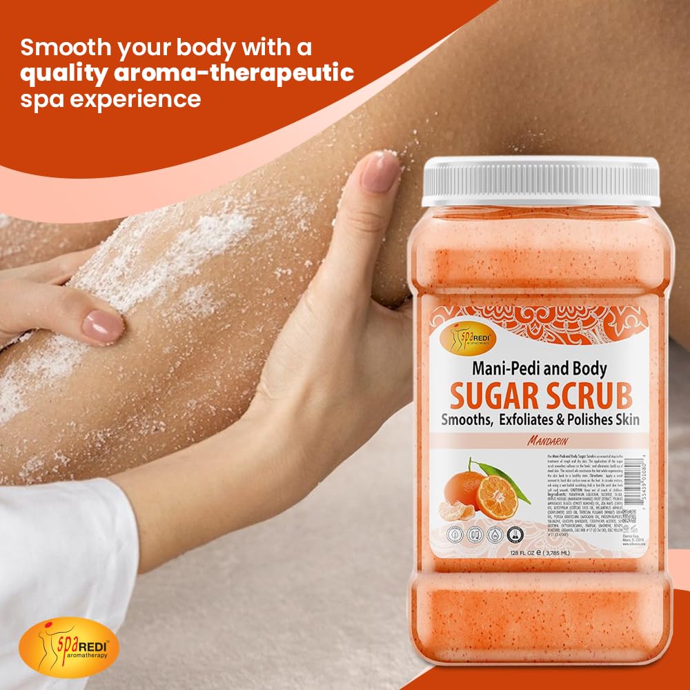 SPA REDI - Sugar Body Scrub, Mandarin, 128 Oz, Exfoliating, Moisturizing, Hydrating and Nourishing, Glow, Polish, Smooth and Fresh Skin - Body Exfoliator