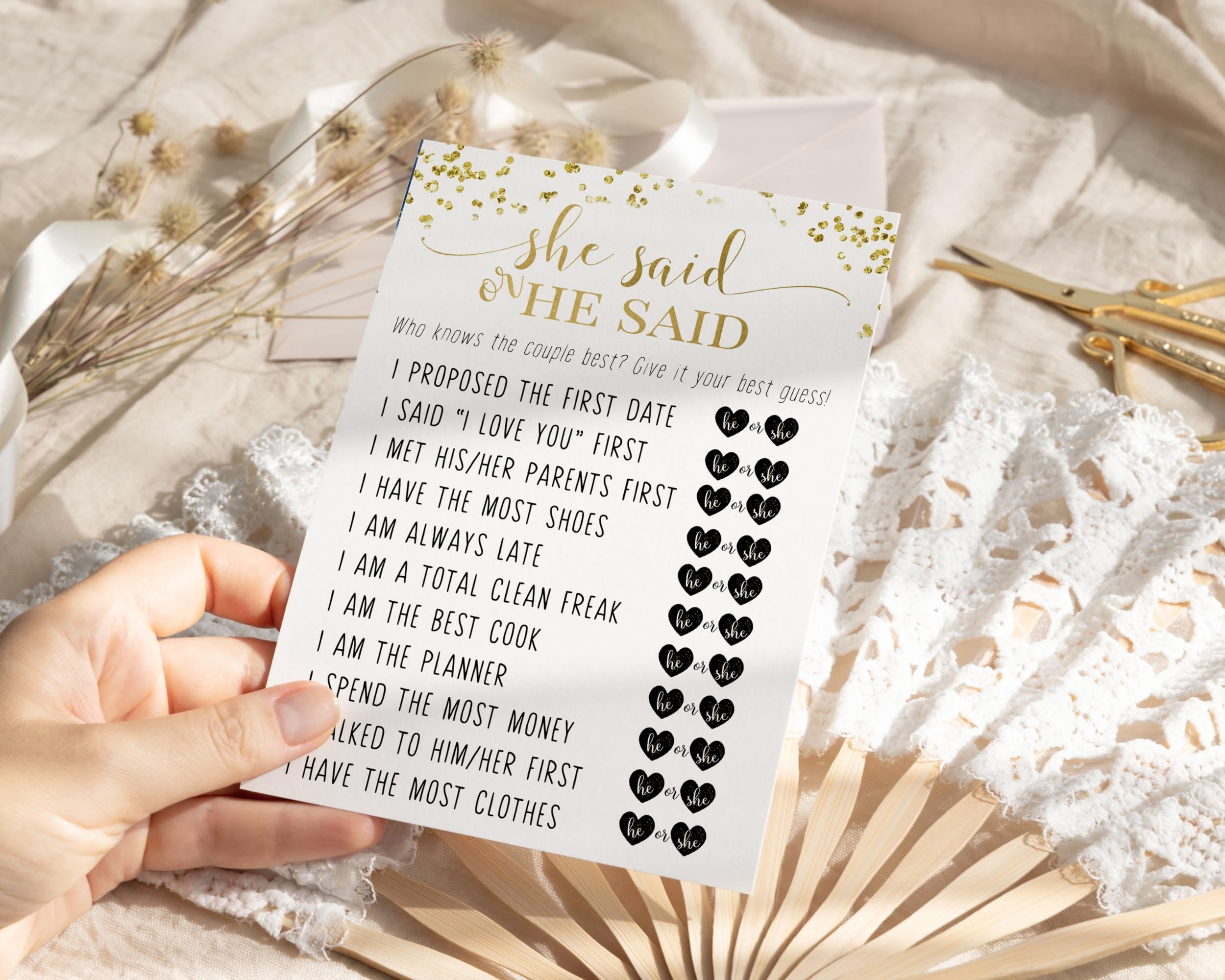 Black and Gold Bridal Shower Game He or She Said β 25 Pack, Couples Wedding Engagement Party Games, Reception Decor and Ideas, Fun Bridal Shower Guest Activities
