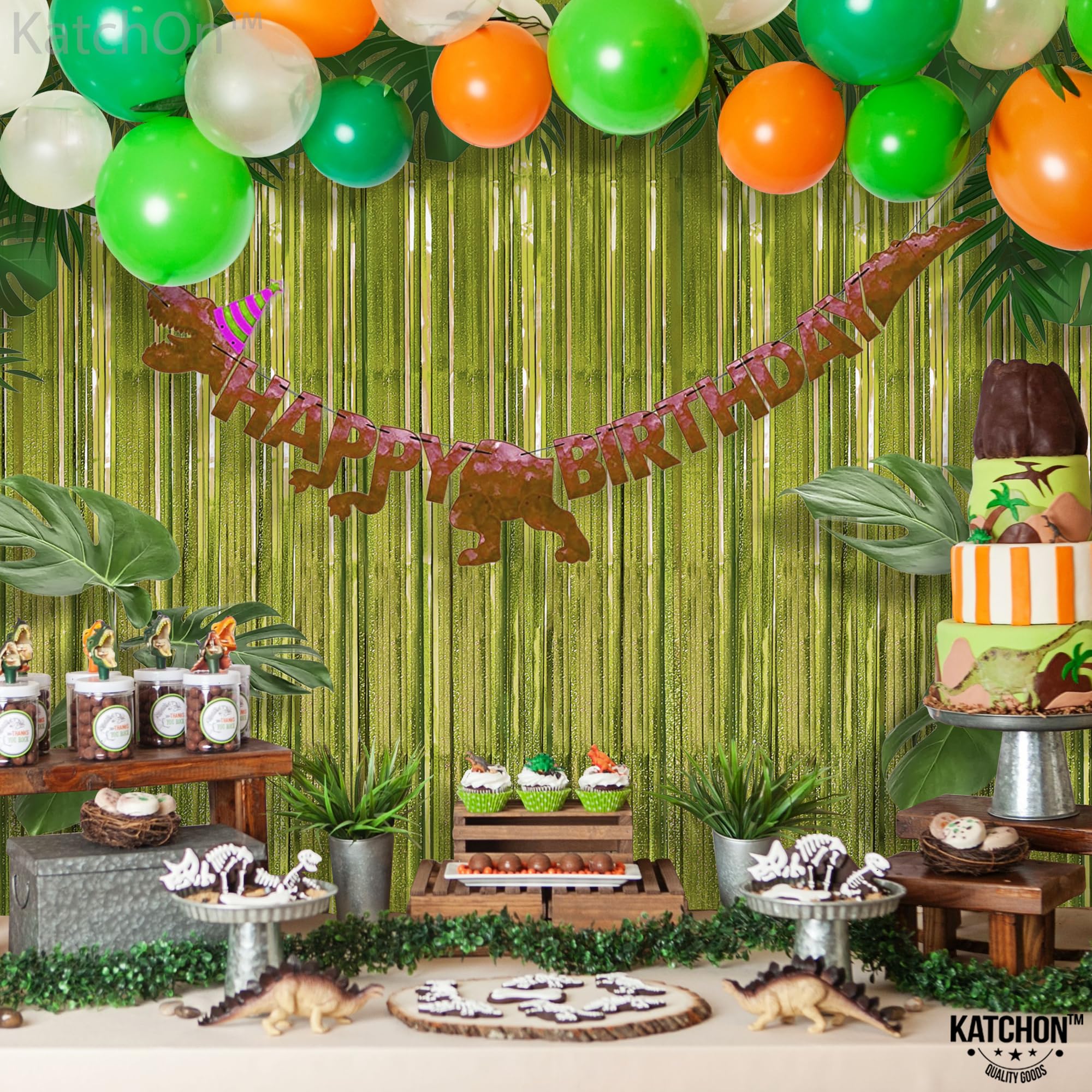 KatchOn, Sage Green Foil Fringe Curtain - 3.2x8 Feet, 2 Pcs | Sage Green Backdrop for Jungle Party Decorations | Sage Green Party Decorations, Wild One Birthday Decorations | Frog Party Decorations