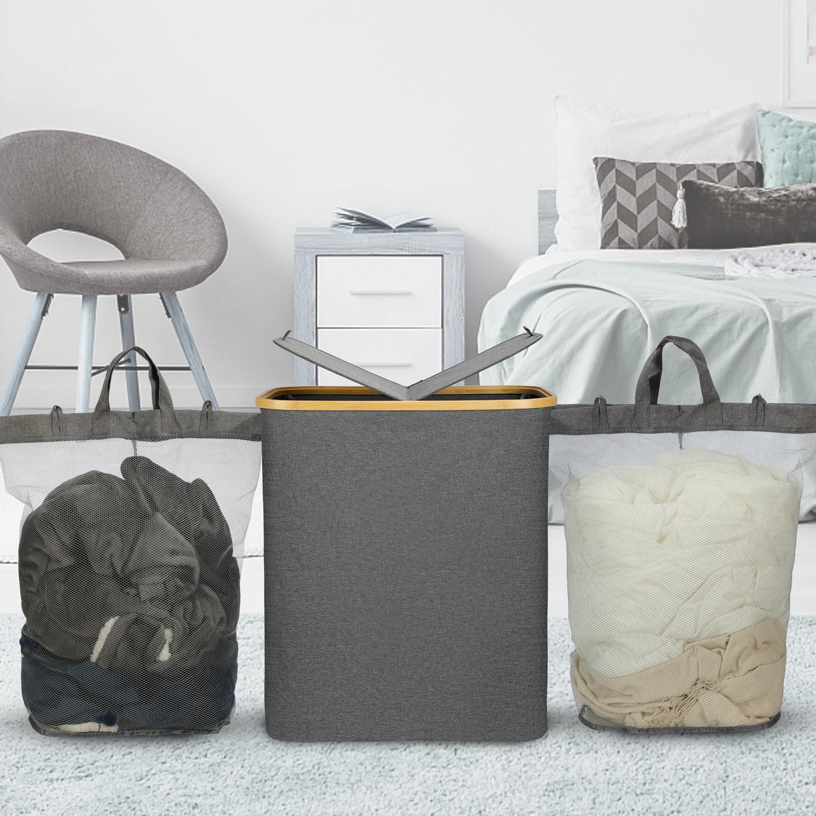 Bellzacasa Laundry Hamper with Lid, 140L Double Dirty Clothes Hamper with Handles and Removable Bags, Large Collapsible 2 Section Laundry Basket for Bedroom Bathroom (Gray)