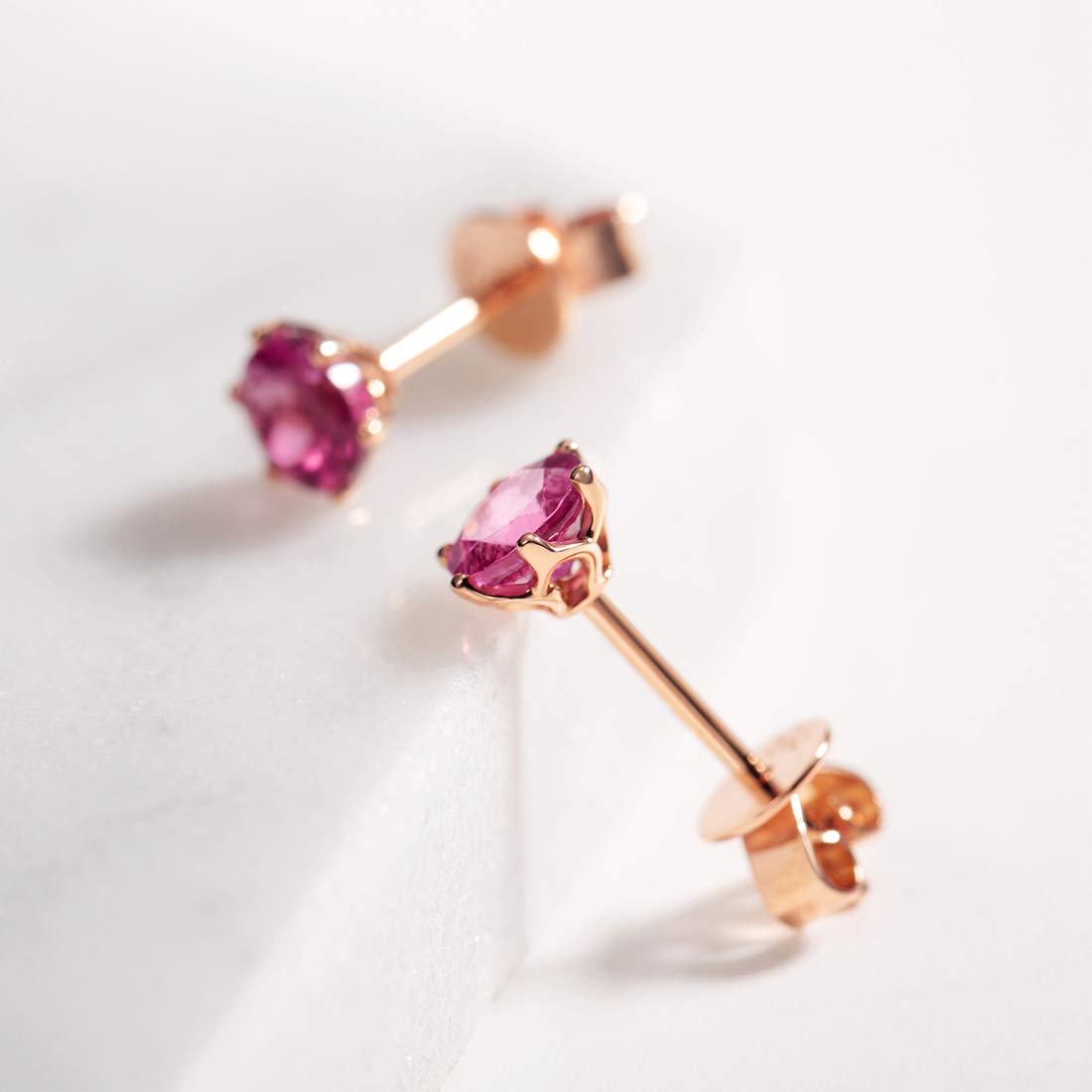 Agvana 14K Solid Rose Gold Solitaire Tiny Genuine 0.73Ct Pink Tourmaline Small Stud Earrings