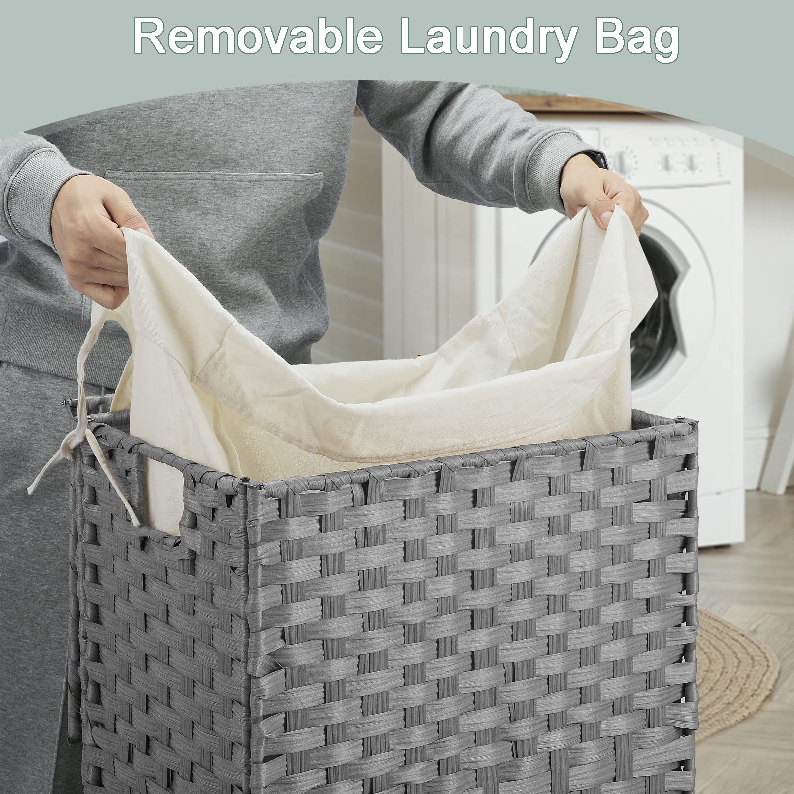 Bellzacasa Laundry Hamper with Lid, 110L Clothes Hamper with Removable Liner Bag Wicker Laundry Basket Laundry Hamper for Bathroom 22.4 x 13 x 23.6 Inches Grey
