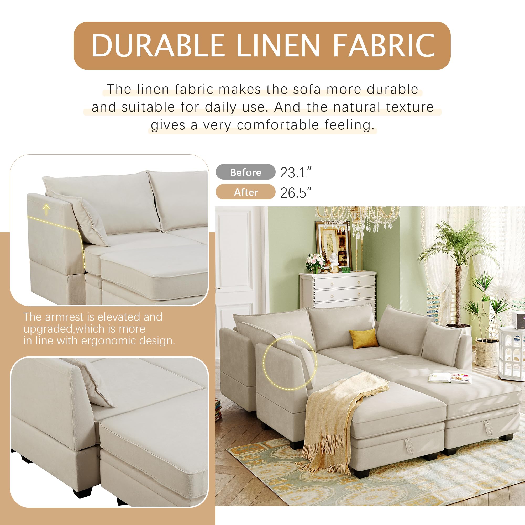 BAMOOLI 115.1'' U Shape Modular Sectional Sofa, Modern Corner Sofa with Reversible Chaise, Oversized Linen Fabirc Sofa with 4 Pillows, 6 Seat Sofa with Storage Space for Living Room, Apartment, Beige