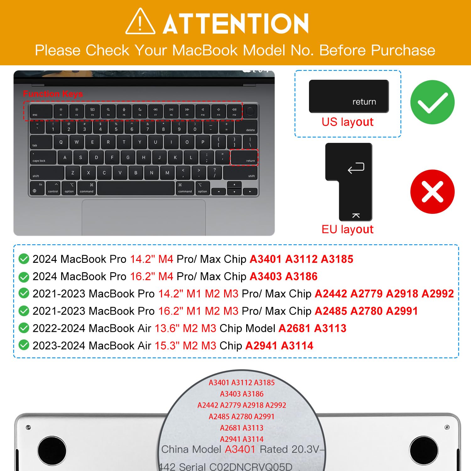 CaseBuy Premium Keyboard Cover for M2 M3 MacBook Air 15 inch A2941 A3114, M2 M3 MacBook Air 13.6" A2681 A3113, 2024 2023 2022 2021 MacBook Pro 14" 16" M4 M3 M2 M1 Chip Pro/Max, US ANSI Layout