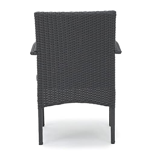 Christopher Knight Home Louise Outdoor Wicker Dining Set with Acacia Wood Table and Bench and Water Resistant Cushions, 6-Pcs Set, Sandblast Light Grey / Black Rustic Metal / Grey / Grey Cushions