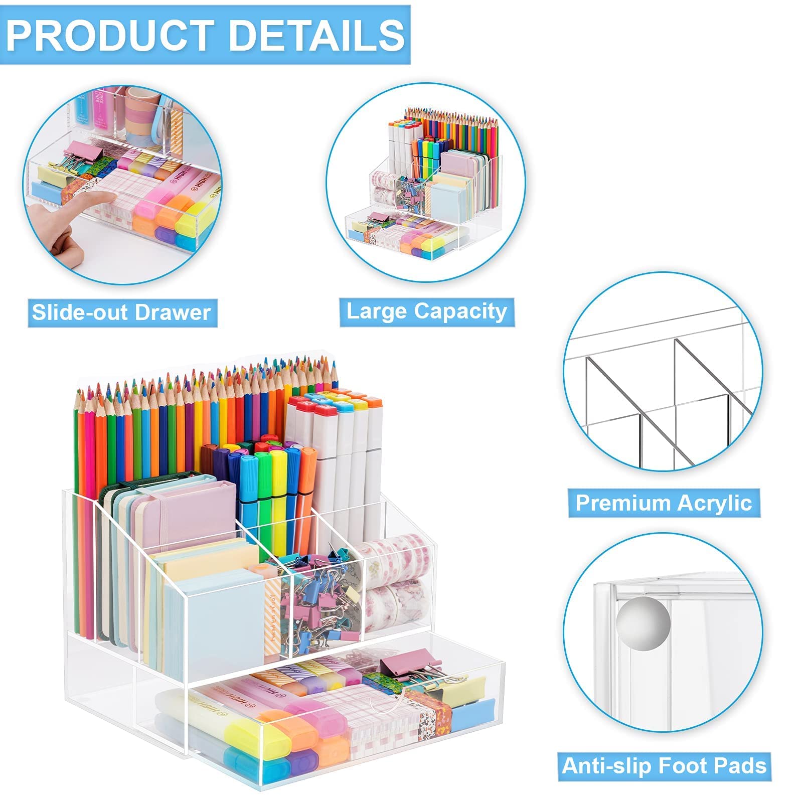 VITVITI Acrylic Desk Organizer, Upgraded Clear Pencil Organizer for Desk, 7 Compartments Stationary Pen Organizer Storage with Drawer, for Office Supply, 500+ Pencils Capacity