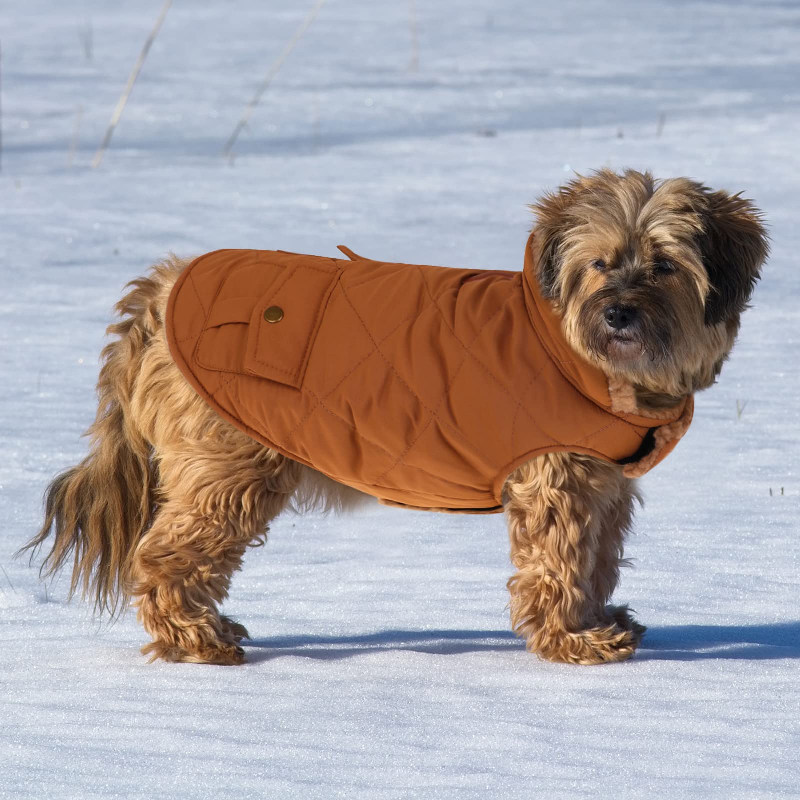Queenmore Warm Dog Coat, Cold Weather Puffer Dog Coat, Quilting Winter Dog Jacket Ultra Thick Plush Lining with Storage Pockets (Brown, Small)