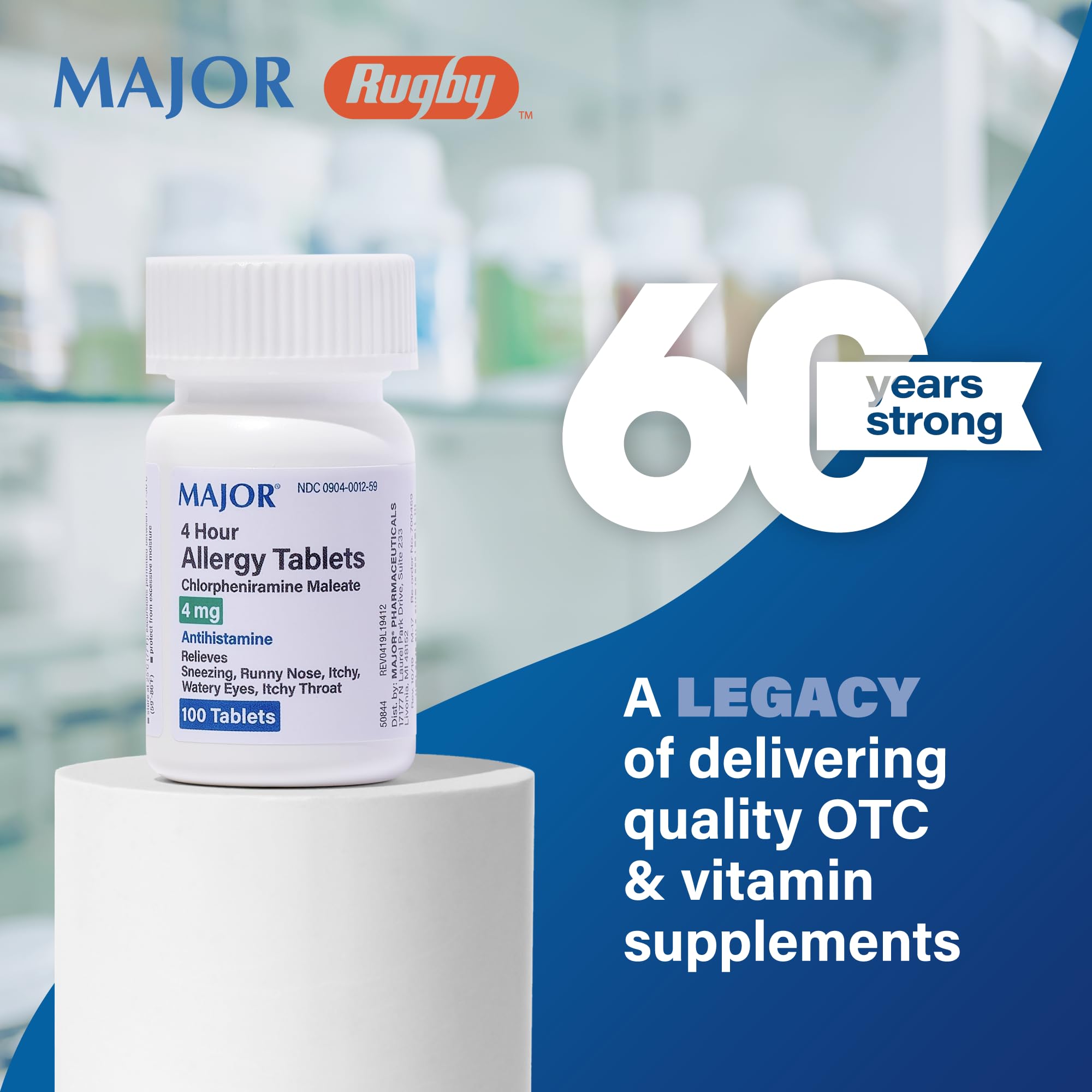 MAJOR Chlorpheniramine 4 Mg Tabs - Chlorpheniramine Maleate 4-Hour Allergy Medicine Tablets - Antihistamine for Sneezing, Itchy and Watery Eyes, Itchy Throat, Runny Nose - 100 Tablets per Bottle