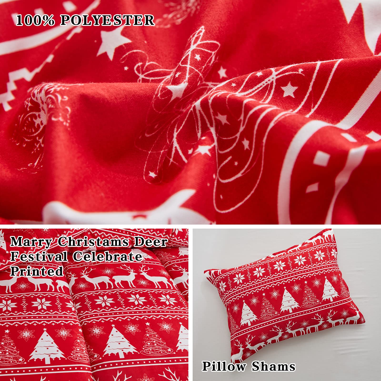Flysheep Christmas Comforter Set 3 Pieces Twin Size 68x88 inches, Red White Snowflake and Deers Trees Reversible Design, Soft Microfiber Lightweight Bedding Sets for Kids