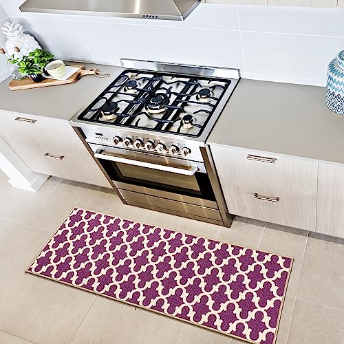 Machine Washable Moroccan Trellis Design Non-Slip Rubberback 2x5 Traditional Indoor Runner Rug for Hallway, Kitchen, Bedroom, Entryway, 20" x 59", Purple