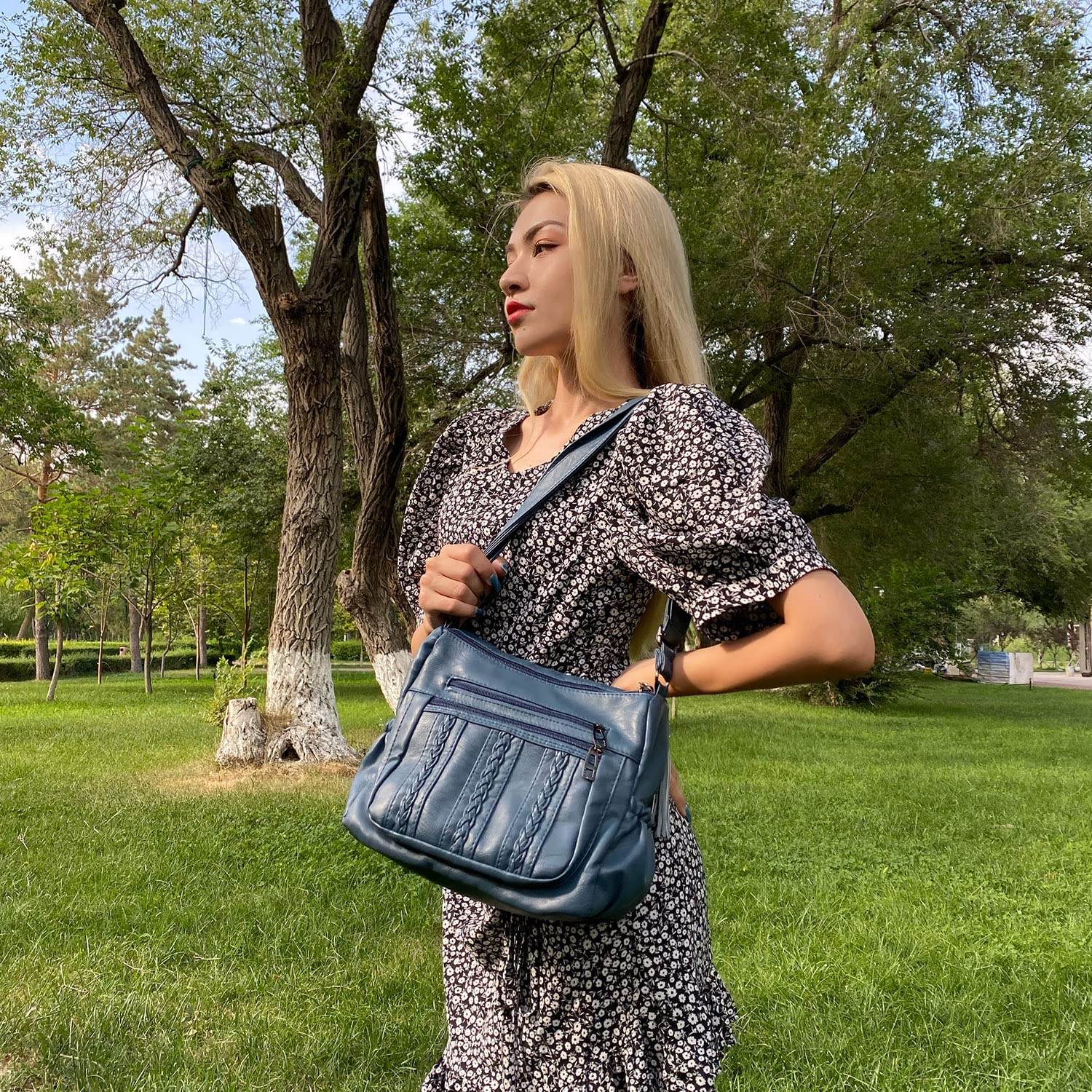 ELDA Purses for Women Pocketbooks Soft PU Leather Ladies Crossbody Purse Multi Pocket Shoulder Bag (Gray blue)