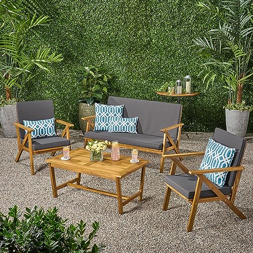 Christopher Knight Home Panama Outdoor Acacia Wood Chat Set with Water Resistant Cushions, 4-Pcs Set, Teak Finish / Grey