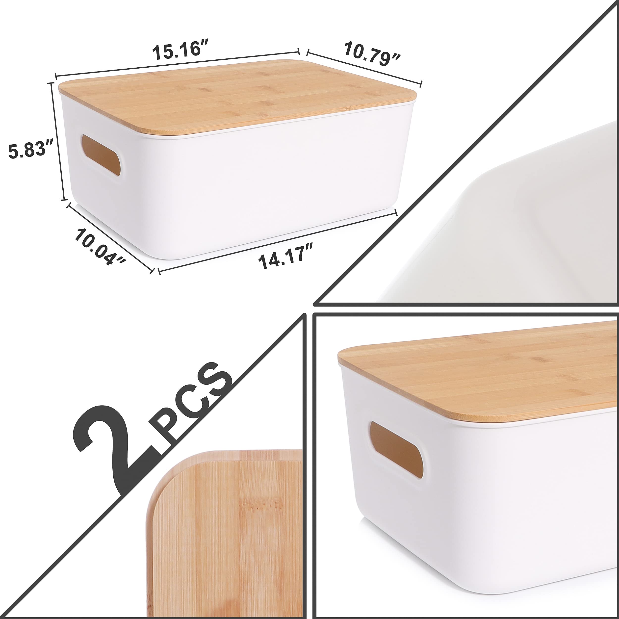 Citylife 2 PCS Storage Bins with Bamboo Lids Plastic Storage Containers for Organizing Stackable Storage Box with Handle, 15.16 x 10.79 x 5.83 inch