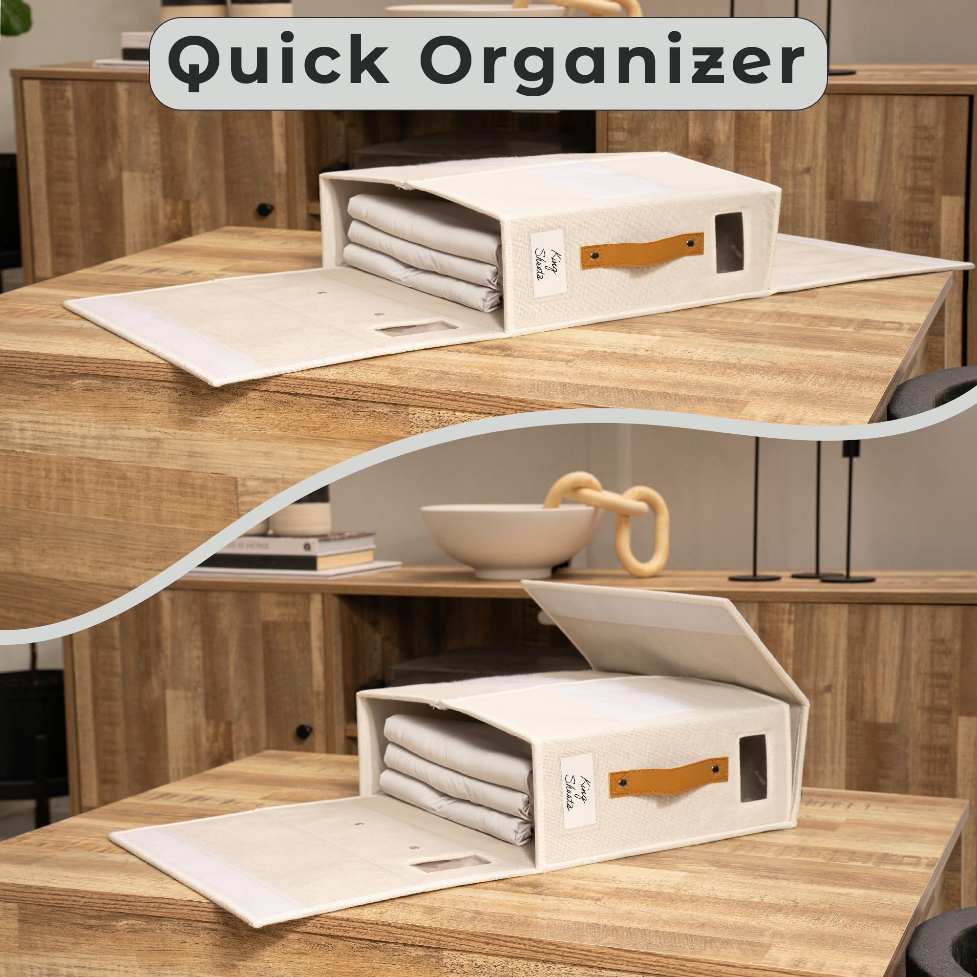 HappyHedz Sheet Organizers and Storage Bags for Bed Sheets, Linen, Blankets, Bedding - Under Bed or Closet Storage Boxes with Dual Handles and Organization Labels - (Beige, 2-pack)