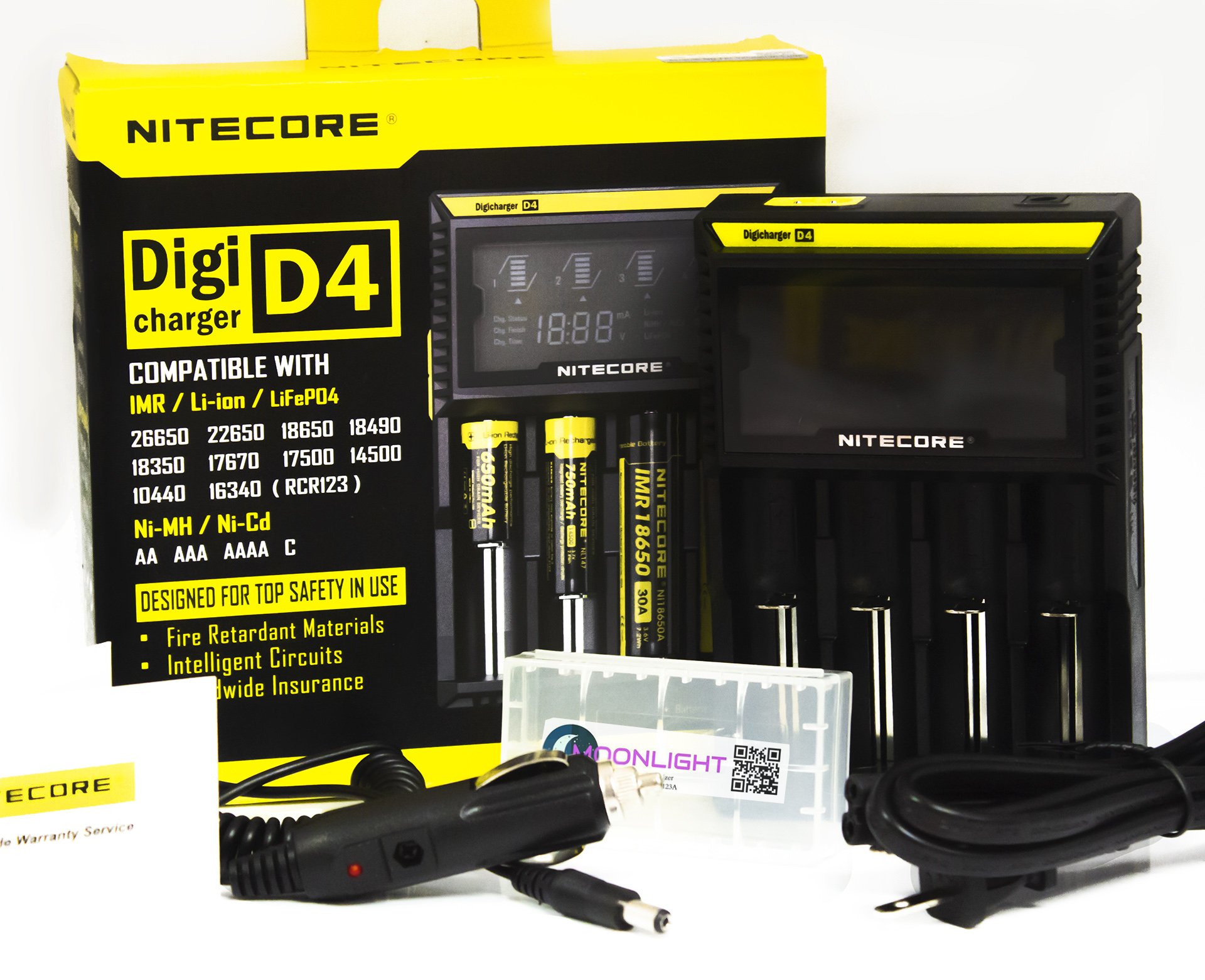 NiteCore-D4+CAR-Adapter+BBOX-T Bundle Nitecore D4 Charger Integrated LCD Panel Display for Li-Ion Ni-MH Ni-Cd Batteries with EASTSHINE Car Adapter and EASTSHINE Battery Box