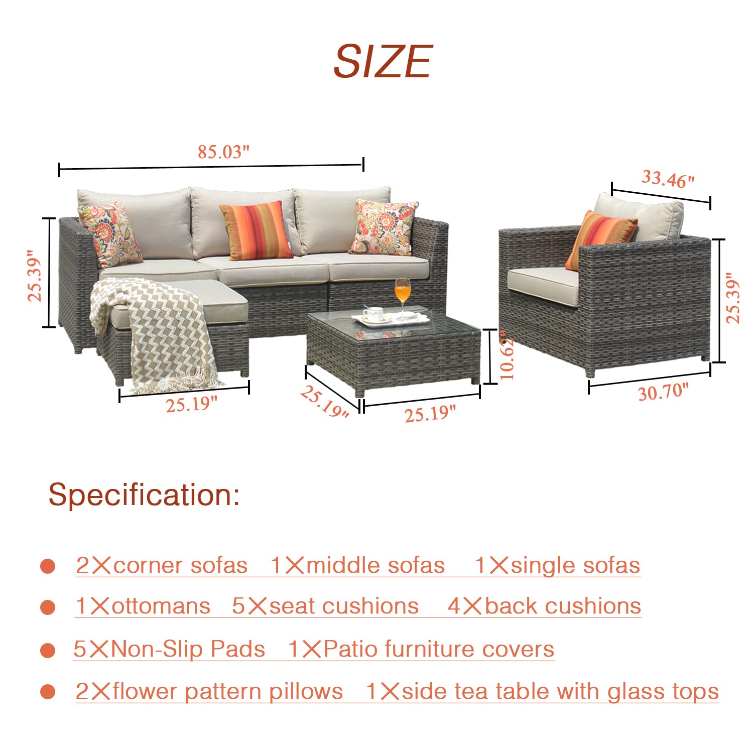 XIZZI Patio Furniture Sets Outdoor Sectional Sofa,No Assembly Required 6 Pieces Big Size Aluminum Conversation Set with 2 Pillows and Furniture Cover,Grey Wicker Beige Cushion