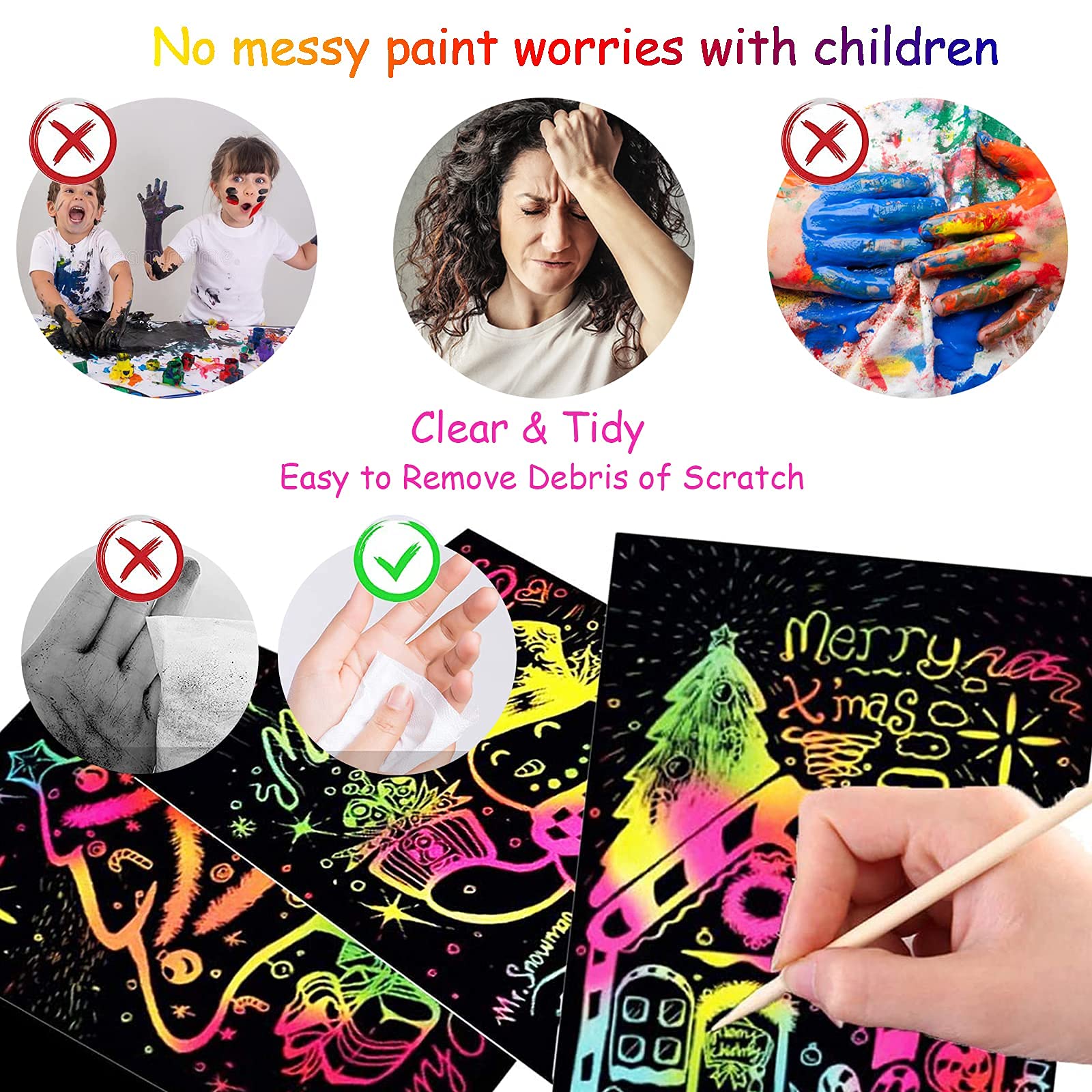 Scratch Paper Art Set, 50pcs Rainbow Scratch Paper Black Scratch Off Paper Art Supplies Magic Kit for Kids Crafts Activity