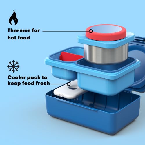 Omie OmieBox UP bento box for kids | Insulated lunch box | Leak proof thermos food jar | Cooler ice pack | 2 Compartments (Cosmic Blue), 12 Ounces