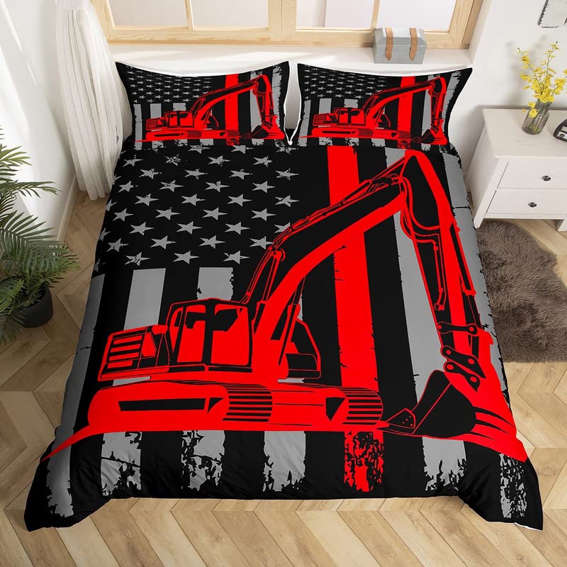 Feelyou American Flag Excavator Duvet Cover Cartoon Excavator Comforter Cover Red Construction Site Car Bedding Set for Kids US Flag Vehicle Truck Cars Bedspread Cover Twin Size Zipper (No Comforter)