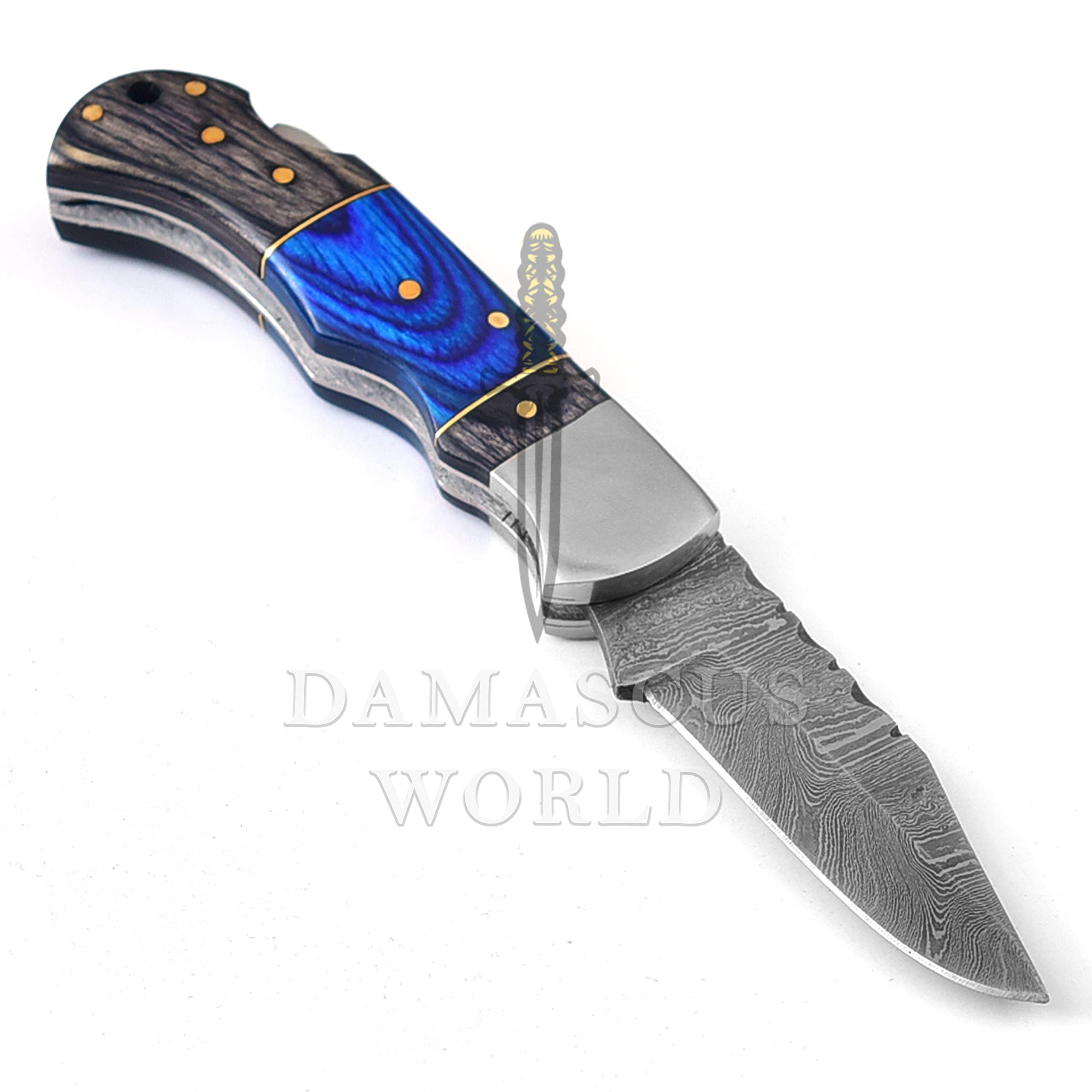 AHAFR DW-995-FLD 6.5 Inch 100% Handmade Damascus Folding Knife for Men - Folding Hunting Knife with Back Lock Leather Sheath & Knife Sharpener (Black Pakka Wood)