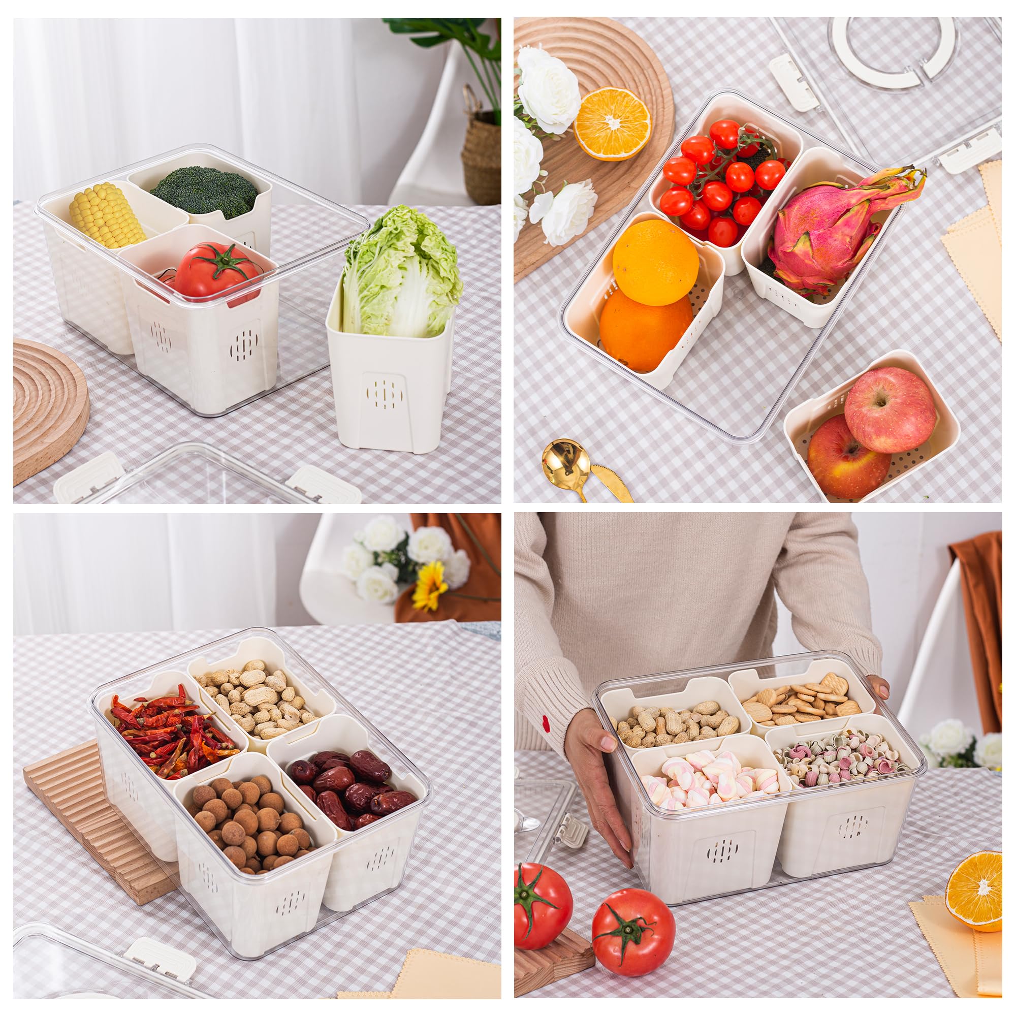 Bandesun Airtight Fruit Storage Containers for Fridge with Lids - 4 Grids, Handle & Removable Colanders, BPA-Free Fresh Produce Saver & Refrigerator Organizer Bins