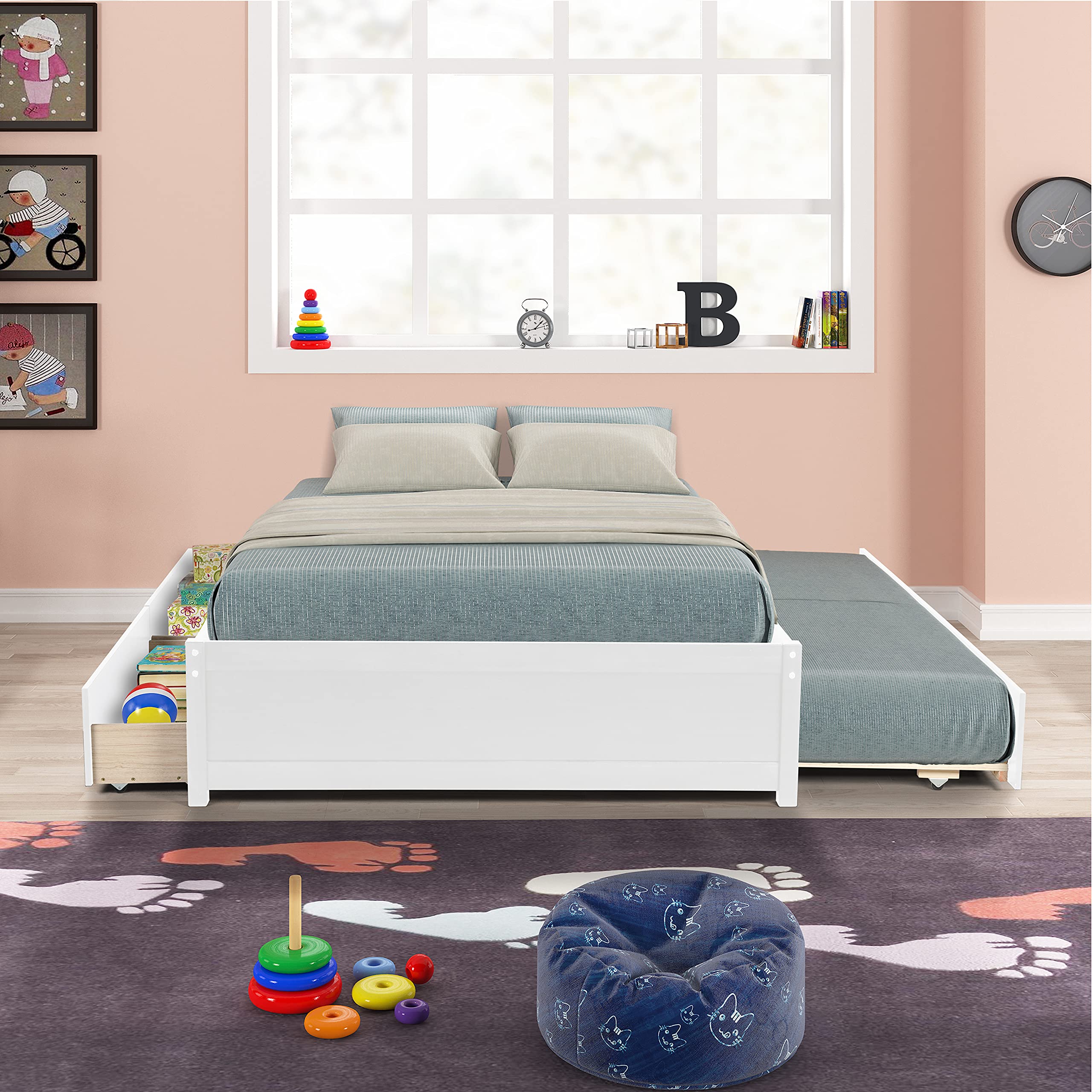 CITYLIGHT Full Bed with Trundle and Storage, Wood Platform Frame Full Bed with Trundle and Drawers, Space-Saving Full Bed for Kids, Boys, Girls, Teens, White