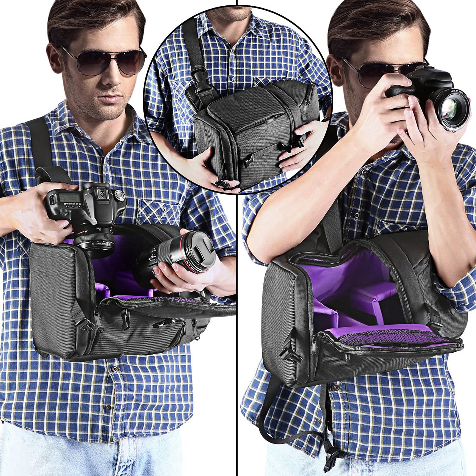 Neewer Professional Camera Storage Bag Sling Carrying Case Black Waterproof and Tear Resistant for DSLR Camera, Lens and Accessories (Purple Interior)