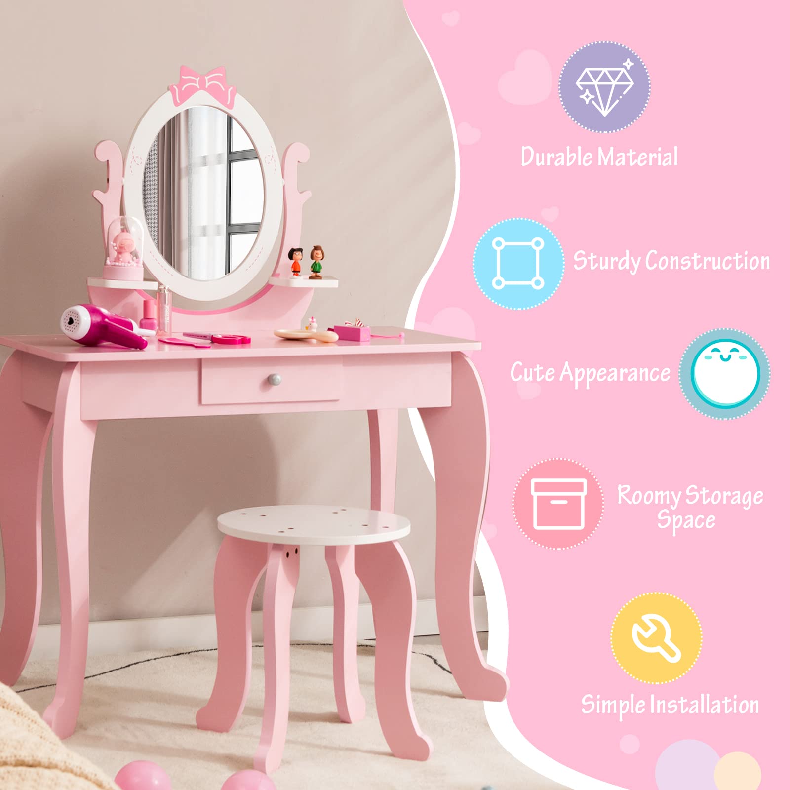 Costzon Kids Vanity Set with Mirror, 2 in 1 Princess Makeup Dressing Table w/Detachable Top, Toddler Vanity with 360° Rotating Mirror, Drawer & Stool, Pretend Play Vanity Set for Little Girls, Pink