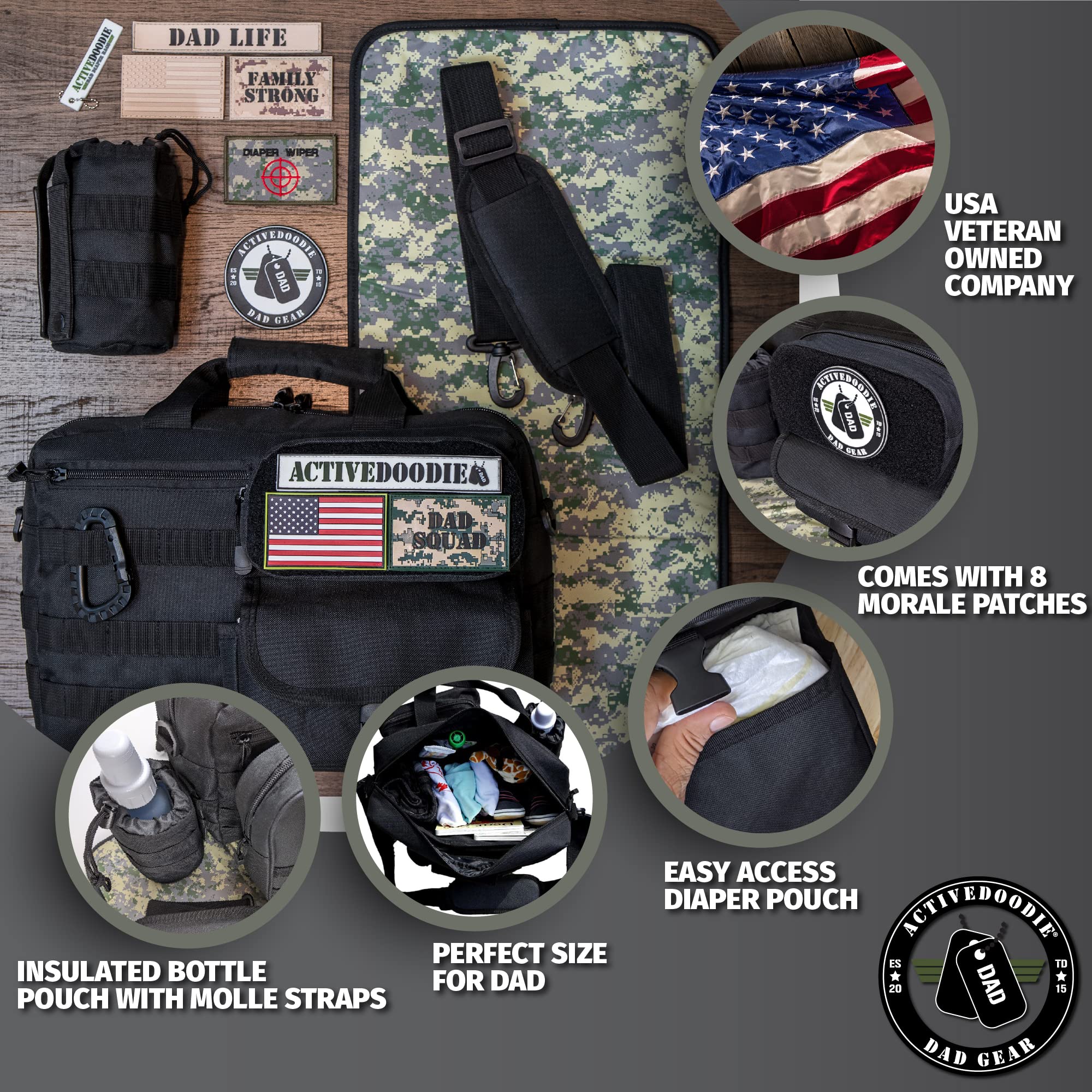 ActiveDoodie Dad Diaper Bag Messenger Combo with Changing Pad, Removable Molle Bottle Holder, Black with 8 Morale Patches