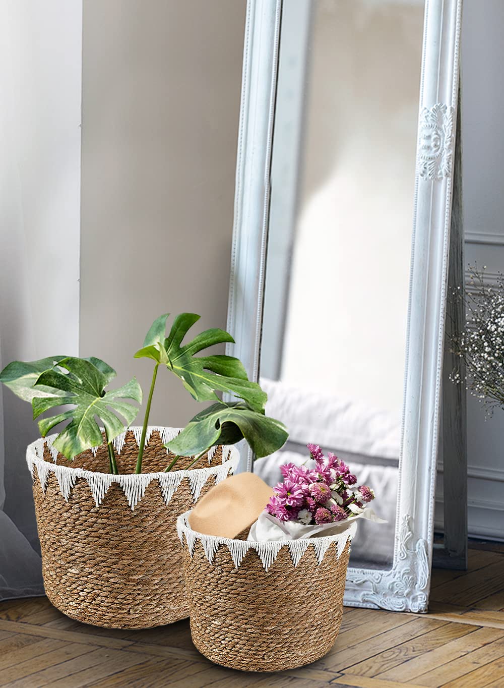 Serene Spaces Living Handmade Cattail Leaf Basket - Natural, Eco-Friendly & Durable - Perfect for Decoration, Storage, Potted Plant Cover/Cachepot or Gifting - KIT of 3 (Each in 3 Different Sizes)