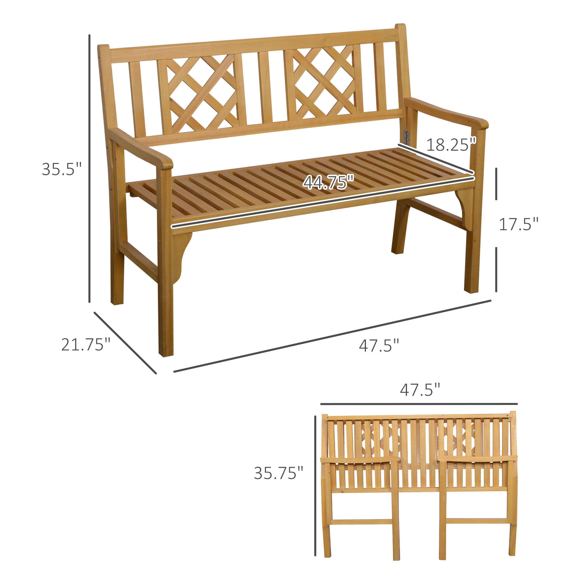 Outsunny 4FT Wooden Outdoor Garden Bench for 2, Portable Folding Loveseat 2-Seater Chair with Backrest, Armrests and Slat Seat, Natural