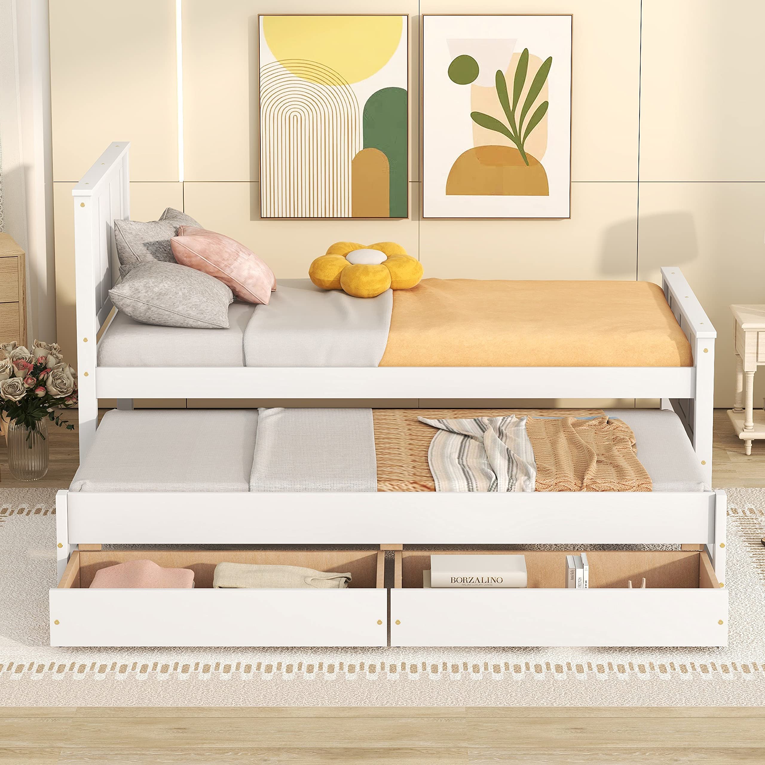 CITYLIGHT Twin Bed with Trundle and Storage, Wood Twin Size Platform Bed Frame with Trundle and Drawers, Space-Saving Twin Size Bed for Kids, Boys, Girls (Twin,White)