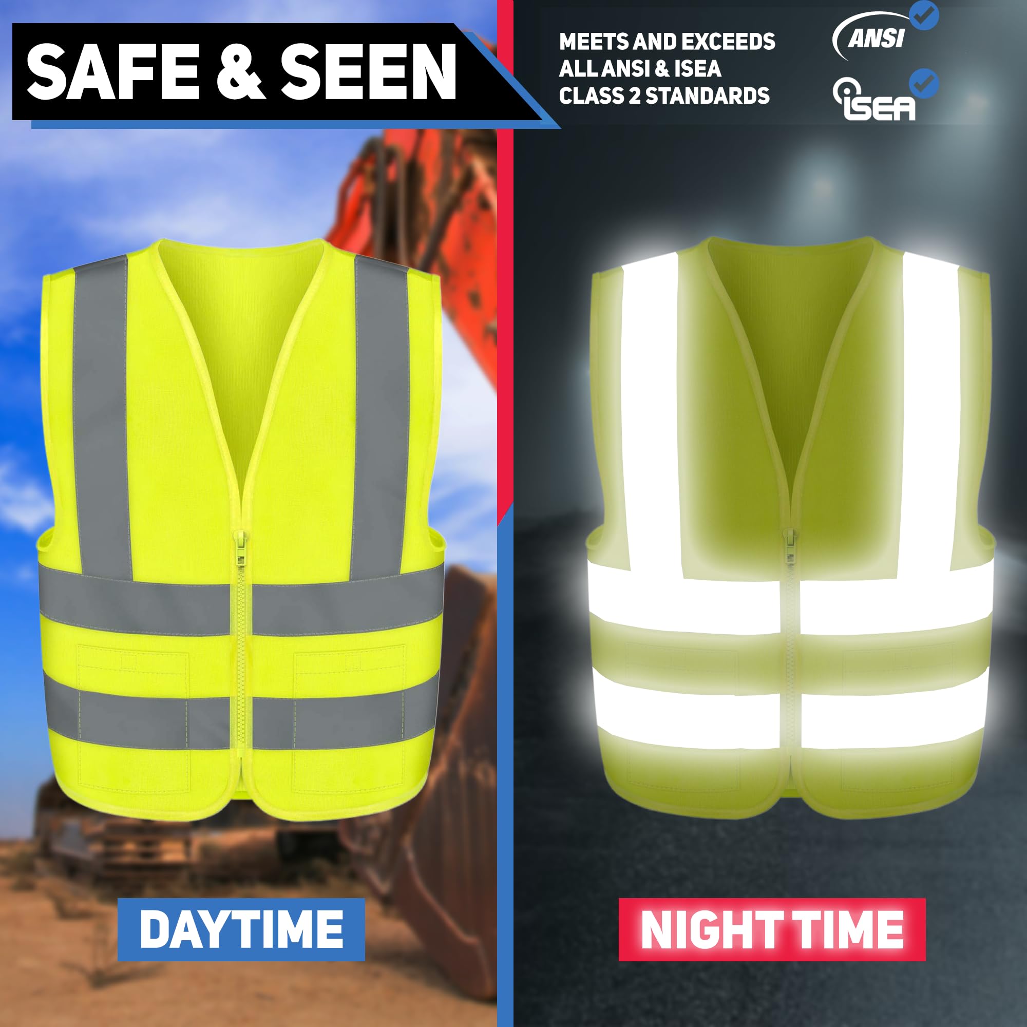 NEIKO Safety Vest, 2 Pockets, High Visibility Vest, Reflective Strips, Neon Yellow Vest, Zipper Front, Reflective Vest For Men & Women, Work Vest, Security Vest & Hi Vis (Large for Adults, 53962A)